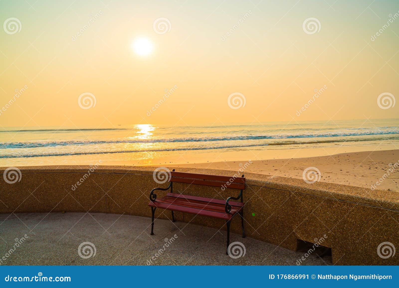 Empty Bench with Sea Beach Background Stock Image - Image of background ...
