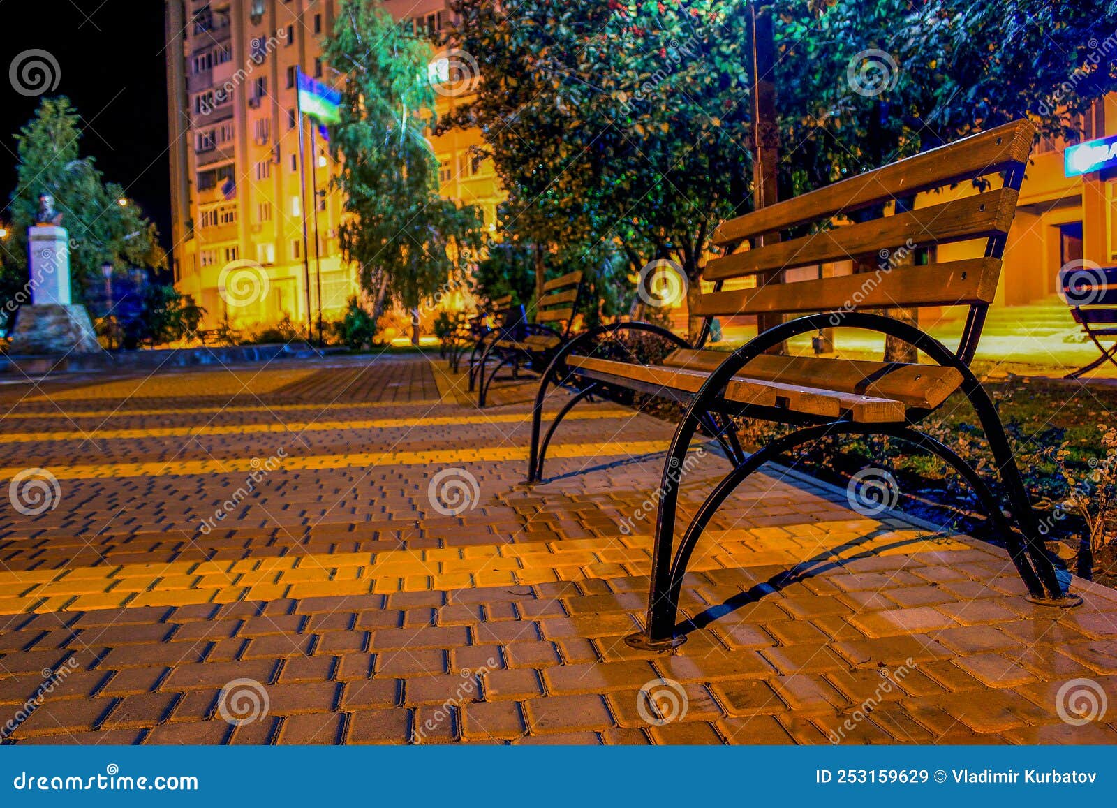 Empty Benches in the Park at Night Stock Image - Image of benches ...