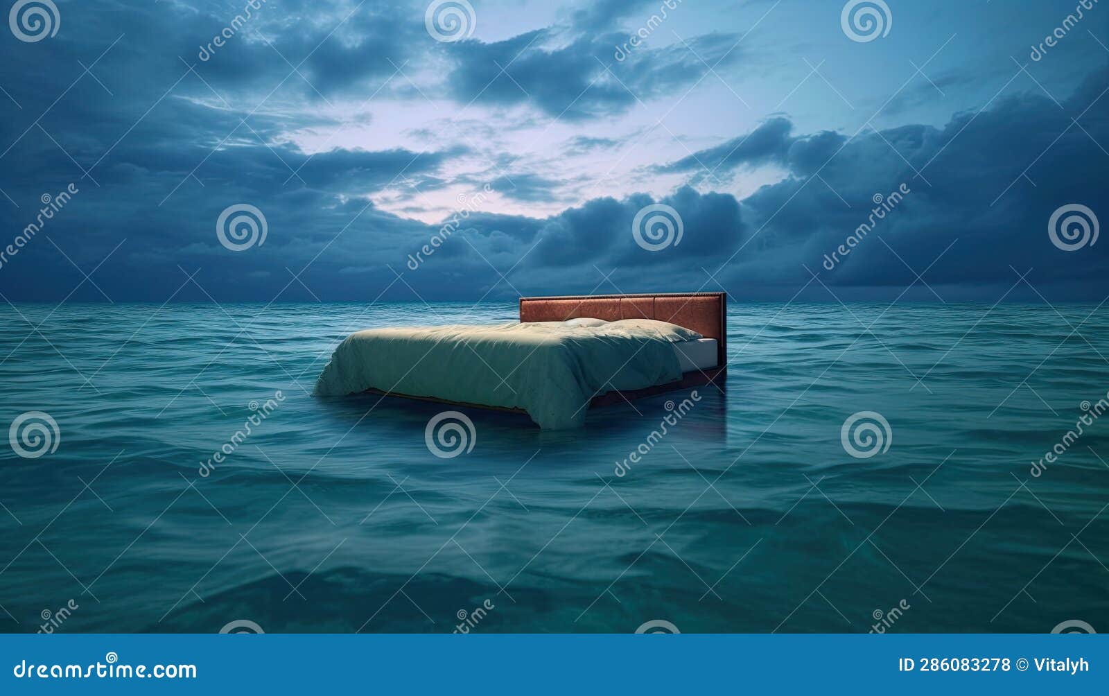 An Empty Big Bed Floating on the Surface of a Calm Sea or Ocean. Stock ...