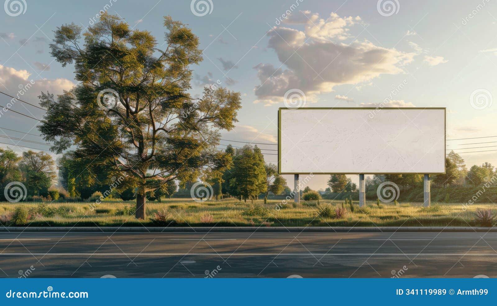 Empty Billboard by the Road in a Natural Setting with Trees and Clouds ...