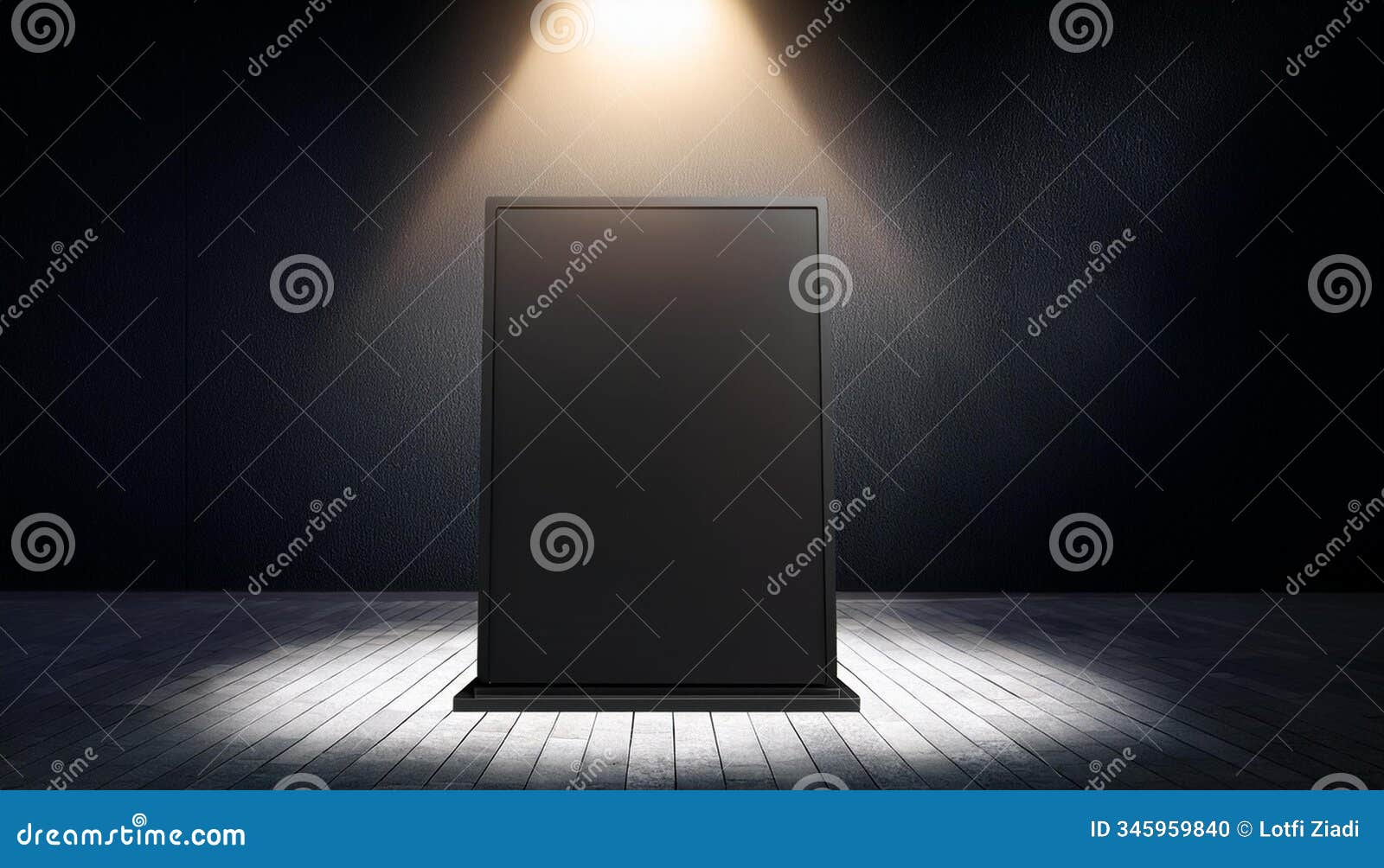 Empty Black Display Board on a Raised Platform with Spotlights in a ...
