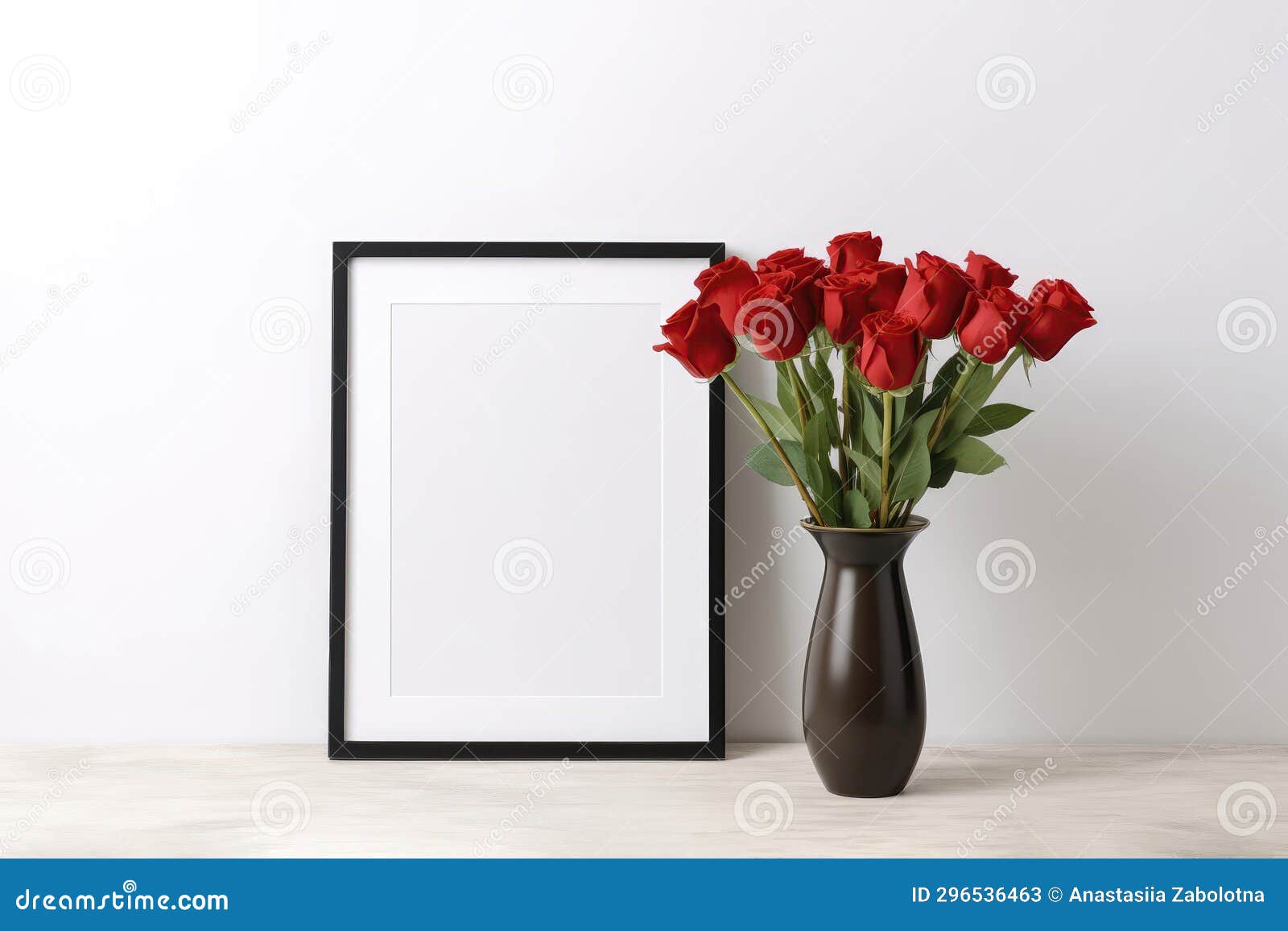 Empty Black Frame with Red Roses in Vase Next To it on White Background ...