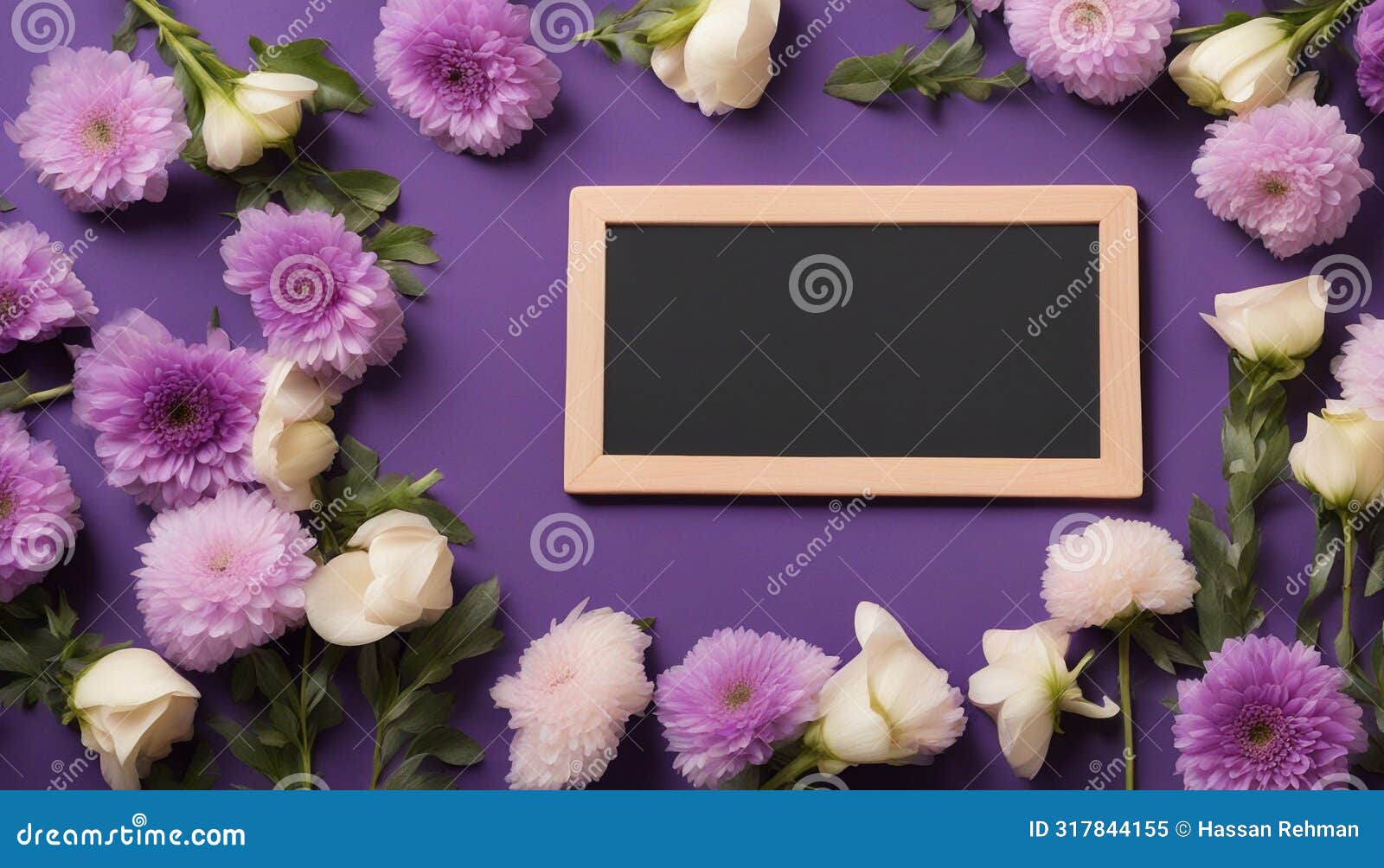Empty Blackboard with Flower Bouquet on Purple Background Stock ...