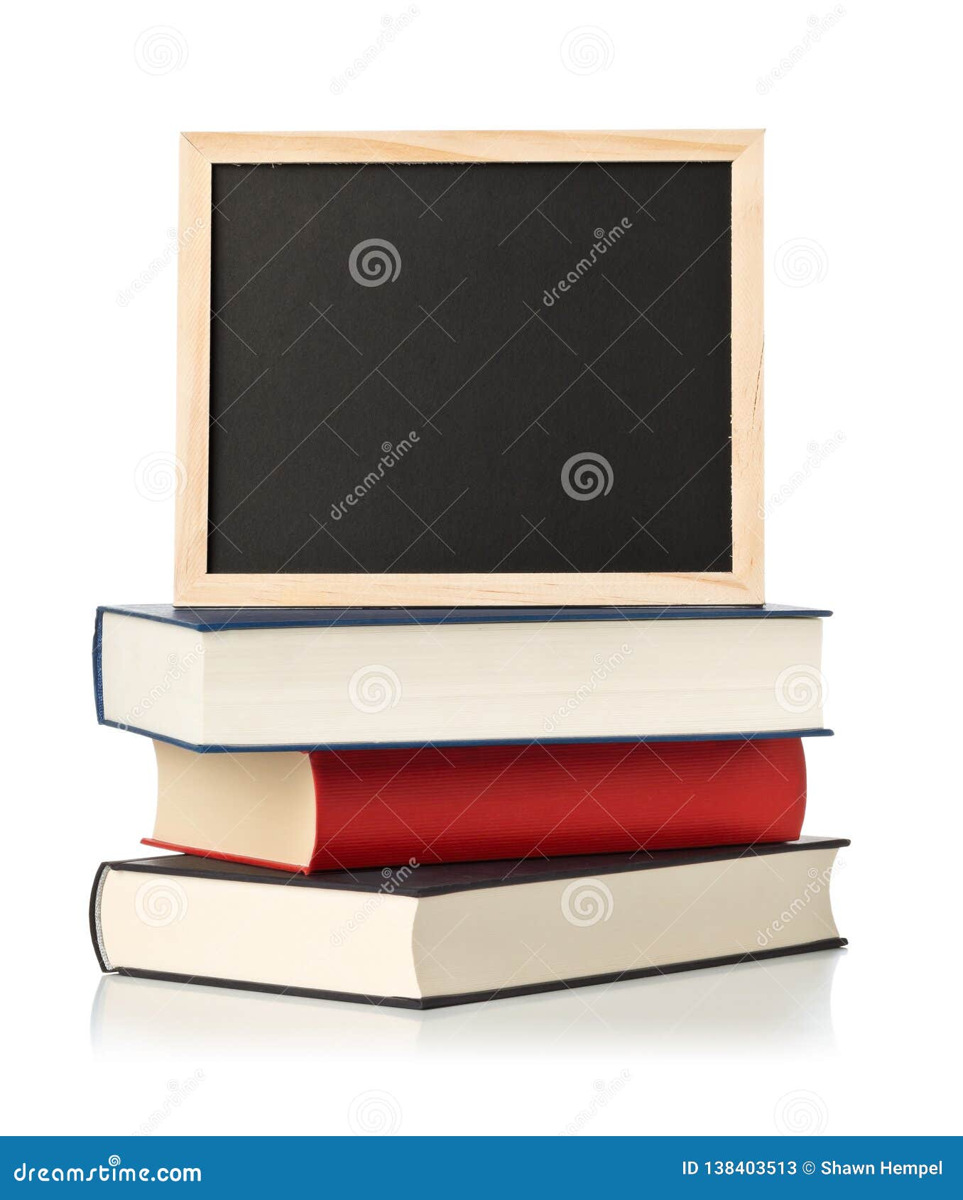 Empty, Blank, Black Chalkboard with Stack of Books Over White Stock ...