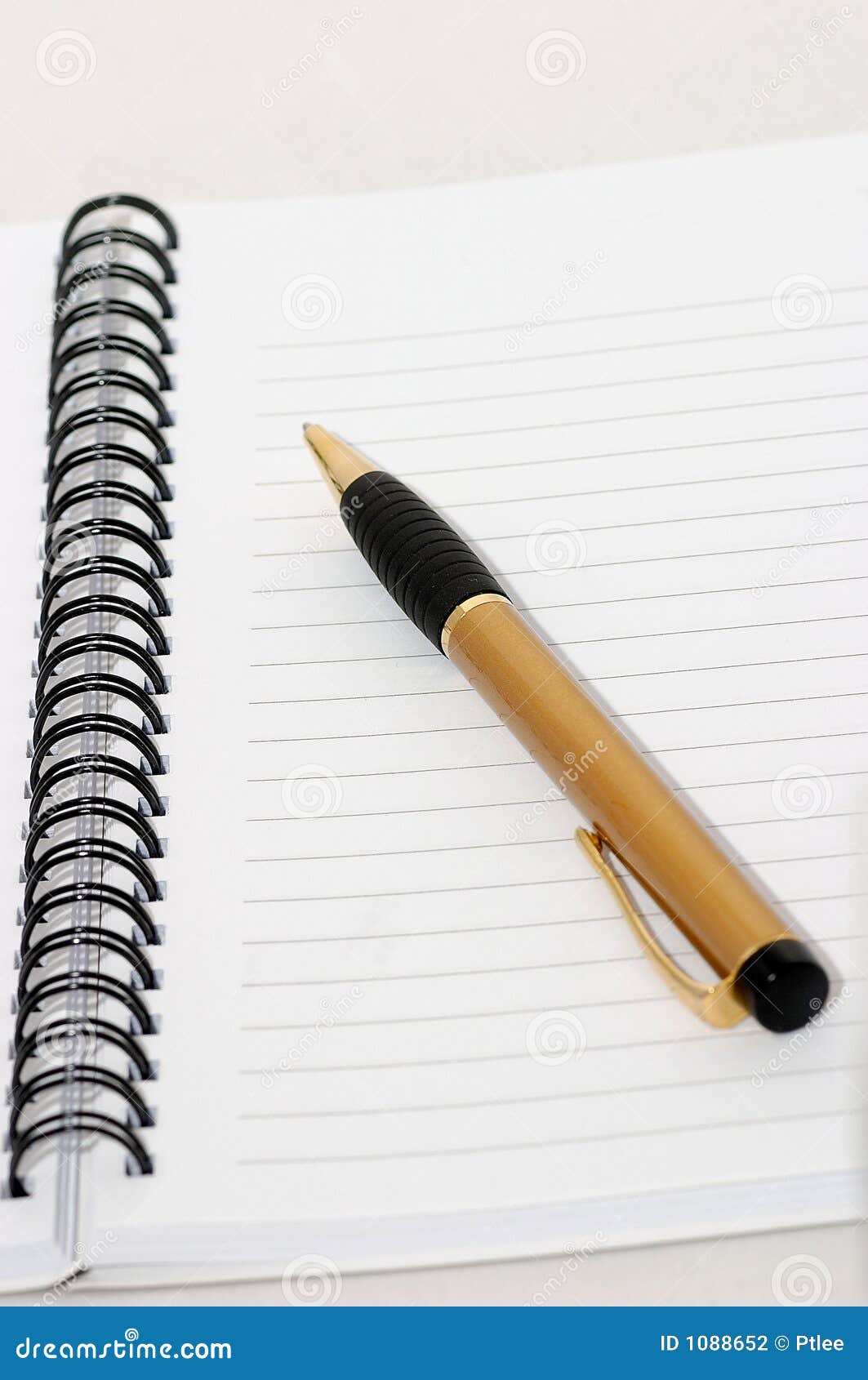 Empty Blank Ring, Spiral Notepad, One Gold Pen Macro Stock Photo ...