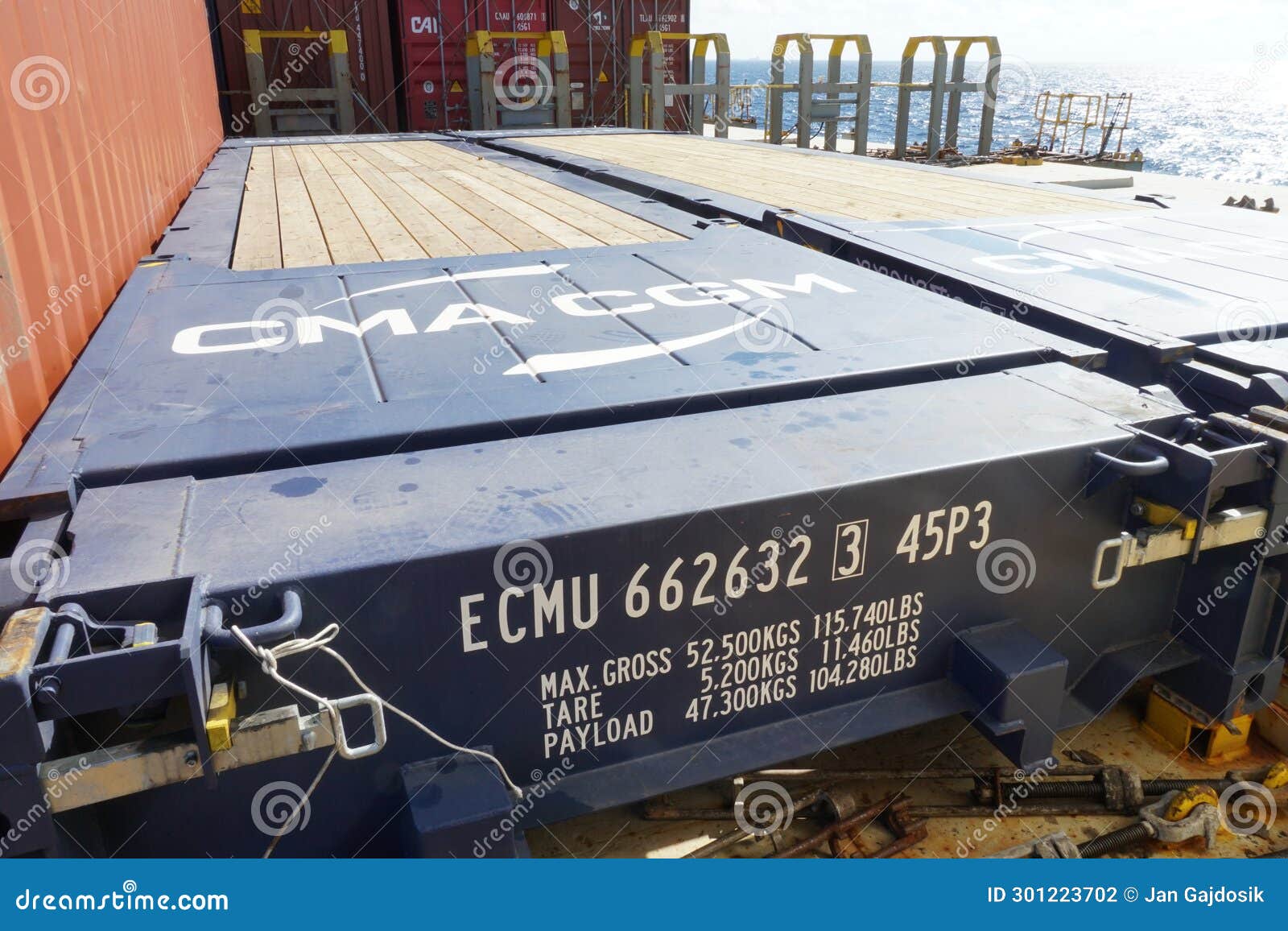 Empty, Blue, 40 Feet Long Flat Rack Container Secured on Deck of ...