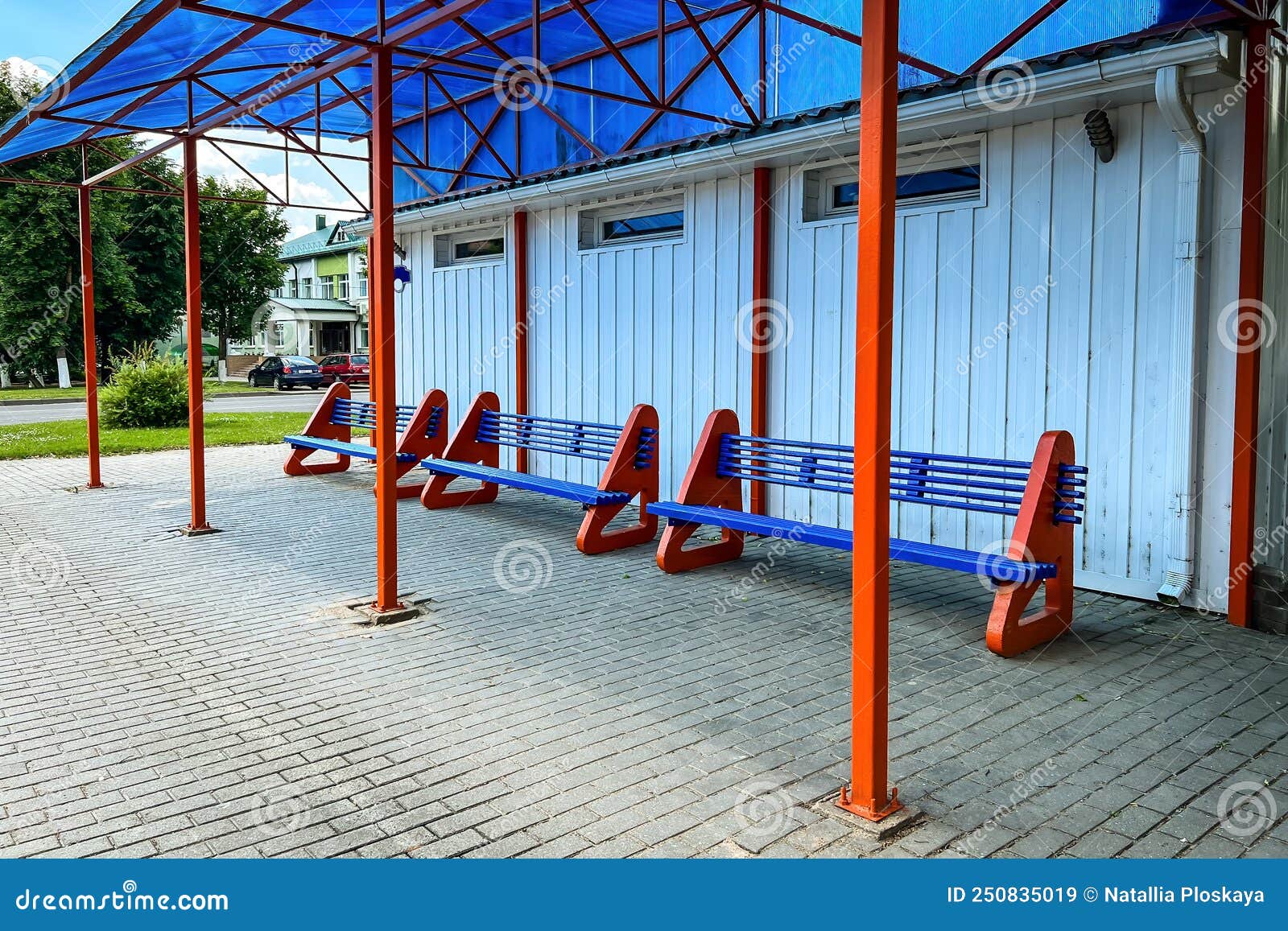 Empty Blue Bus Stop in City. Stock Image - Image of design, road: 250835019