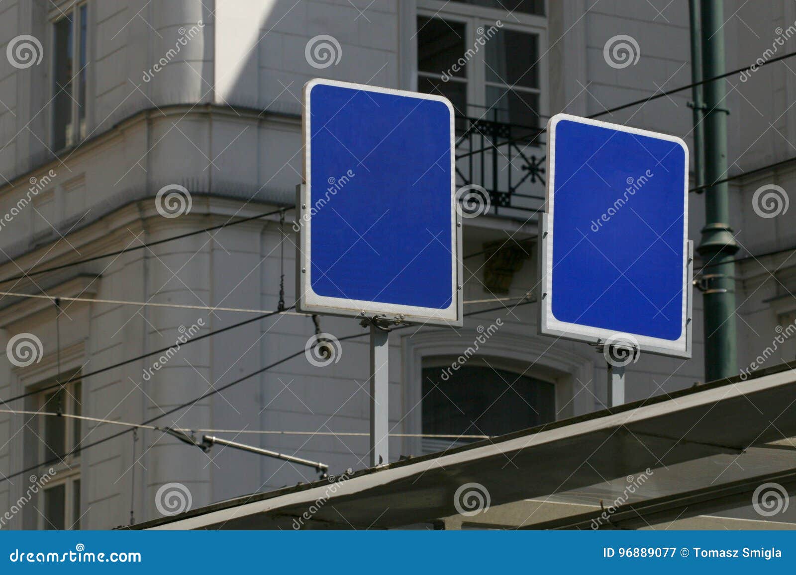 Empty blue bus stop signs, stock image. Image of travel - 96889077