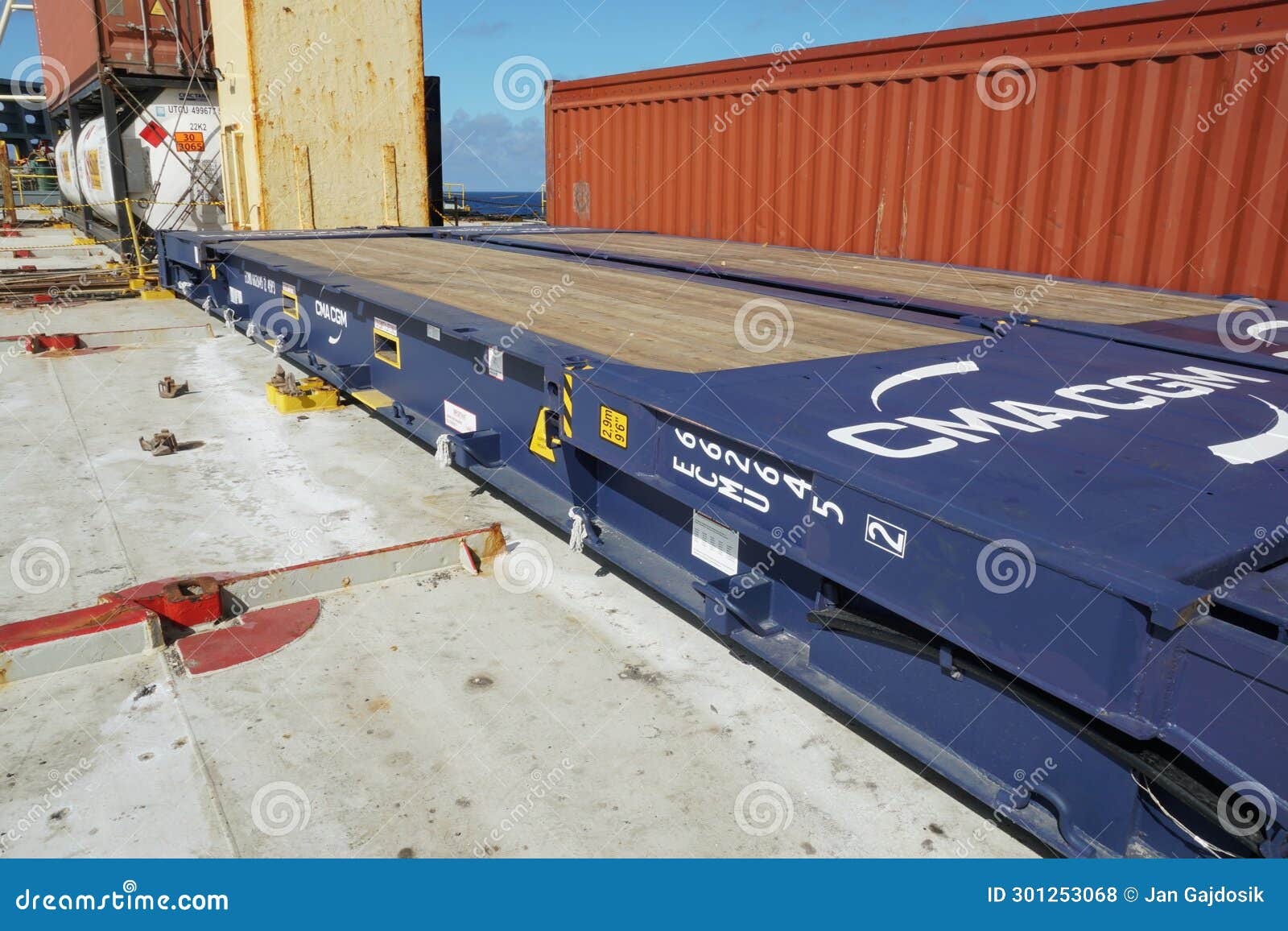 Empty Blue Flat Rack Container Secured on Deck of Container Vessel ...
