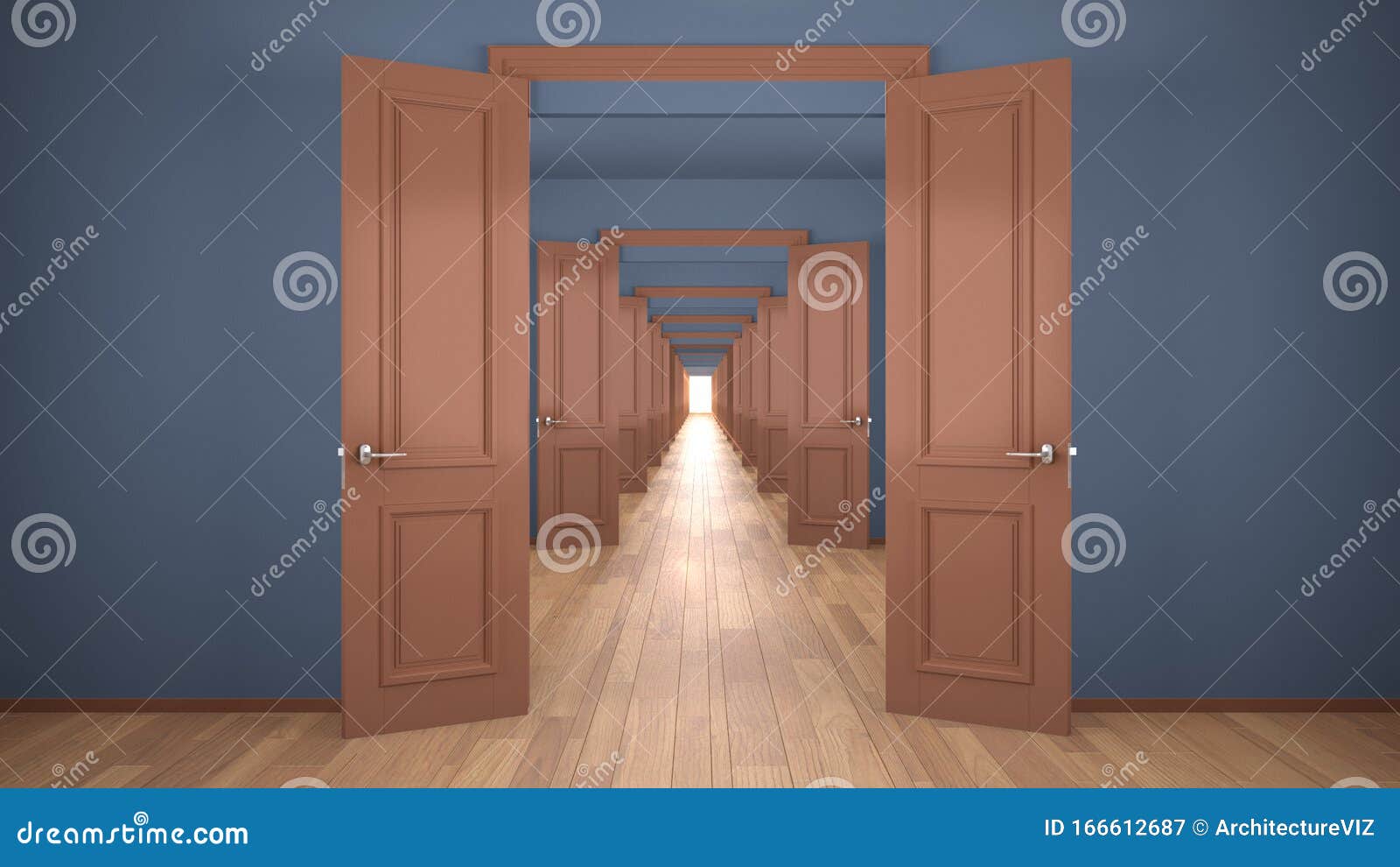 Empty Blue and Orange Architectural Interior with Infinite Open Doors ...
