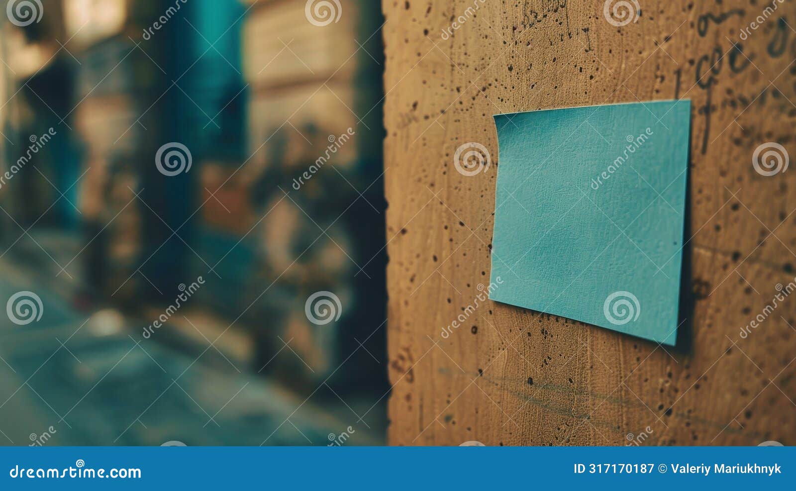 Empty Blue Sticky Note on a Cork Board in Urban Setting. Generative AI ... Empty Blue Sticky Note on a Cork Board in Urban Setting. Generative AI ...