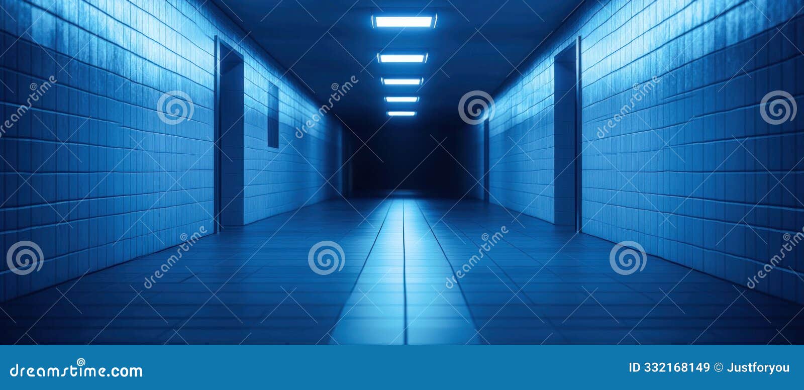 Empty Blue-Tiled Corridor with Fluorescent Lighting Stock Illustration ...