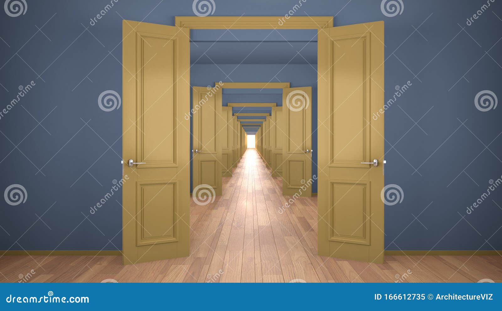 Empty Blue and Yellow Architectural Interior with Infinite Open Doors ...