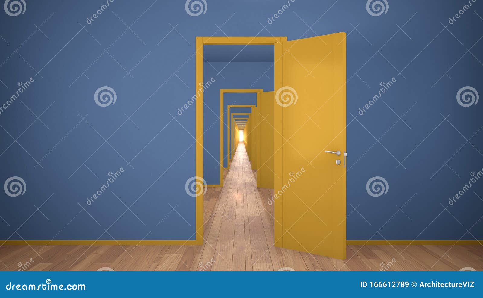Empty Blue and Yellow Architectural Interior with Infinite Open Doors ...