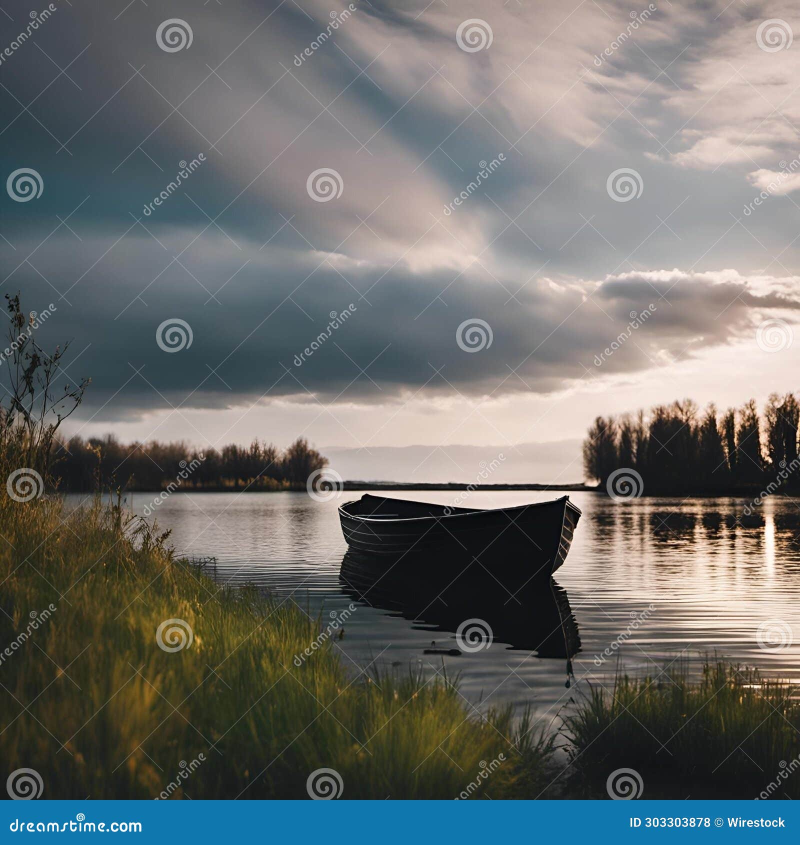 An Empty Boat Sits on a Lake Surrounded by Tall Grass Stock ...