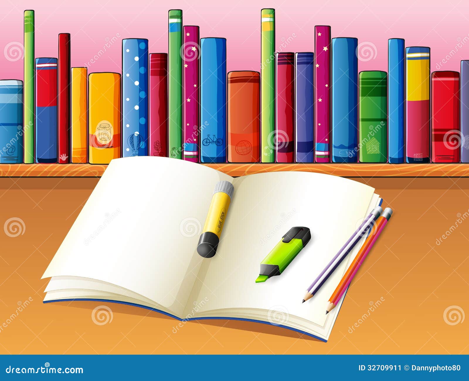 An Empty Book in Front of the Wooden Shelf with Books Stock Vector ...