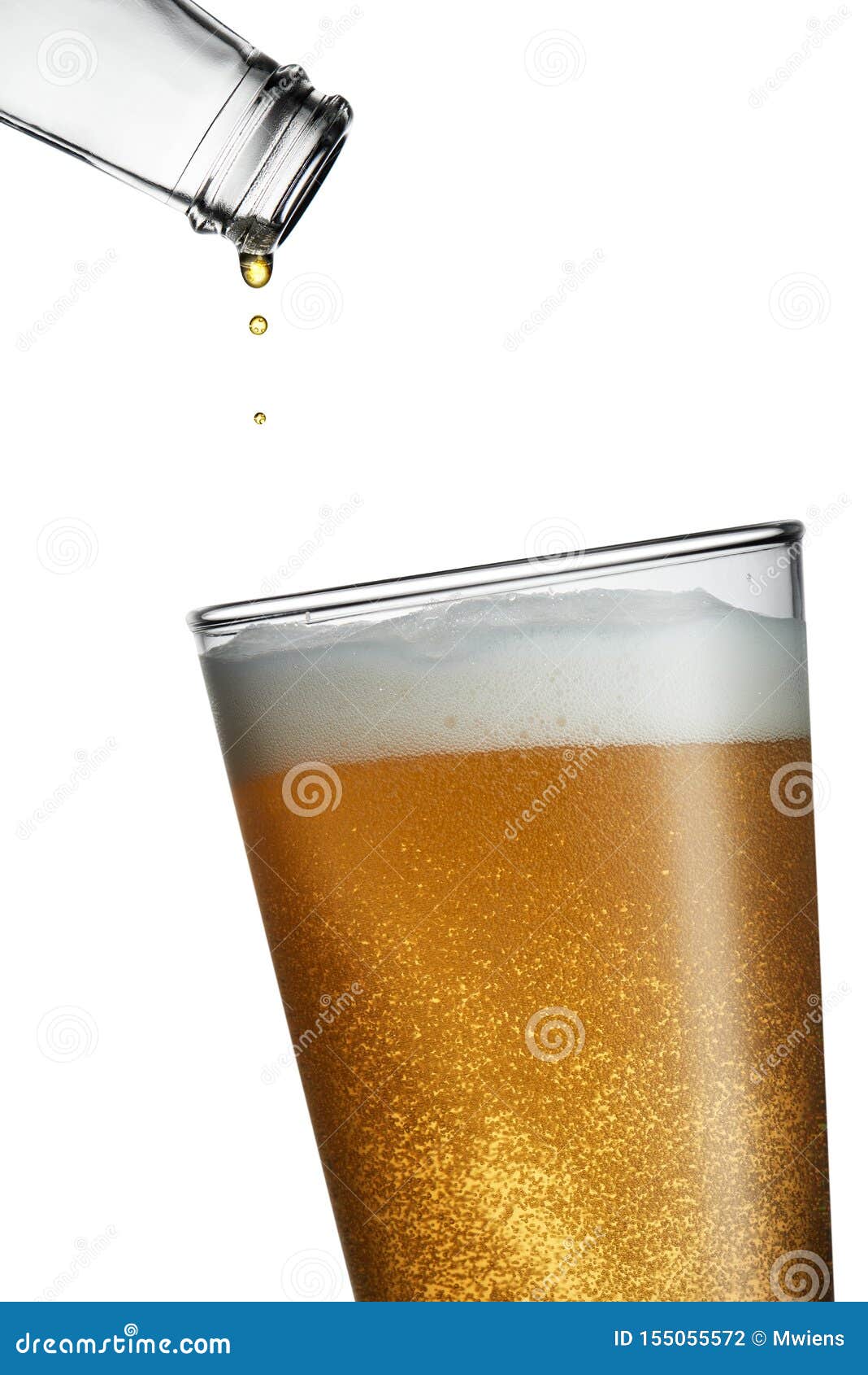 Last Drops of Beer Falling from an Empty Bottle into a Full Glass Stock ...