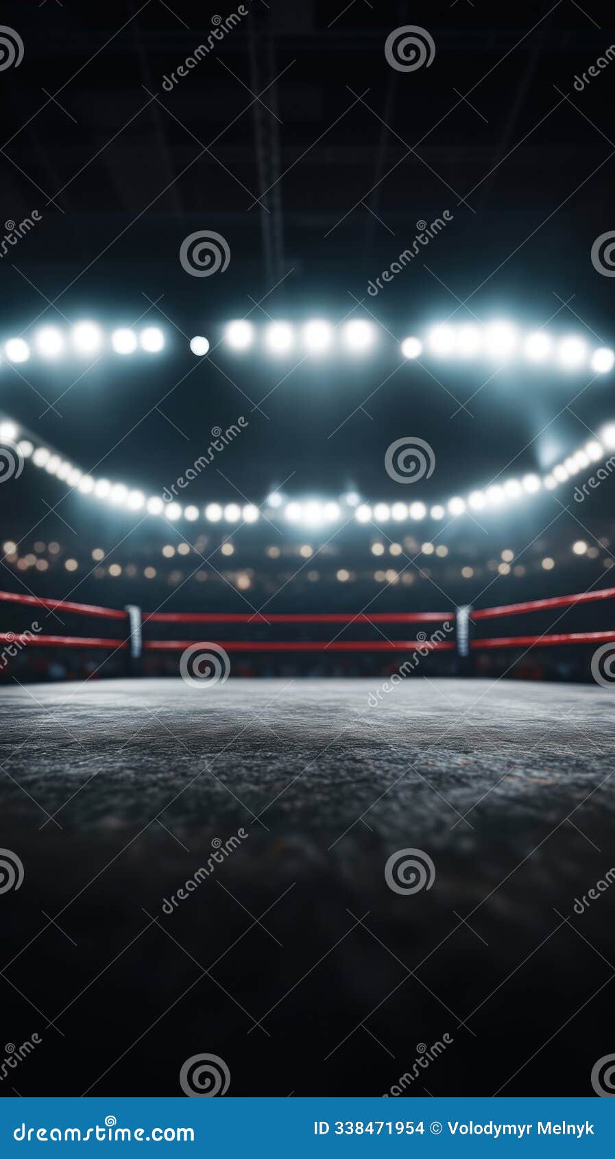 Empty Boxing Ring Bathed in Bright Lights, with Blurred Stadium Crowd ...