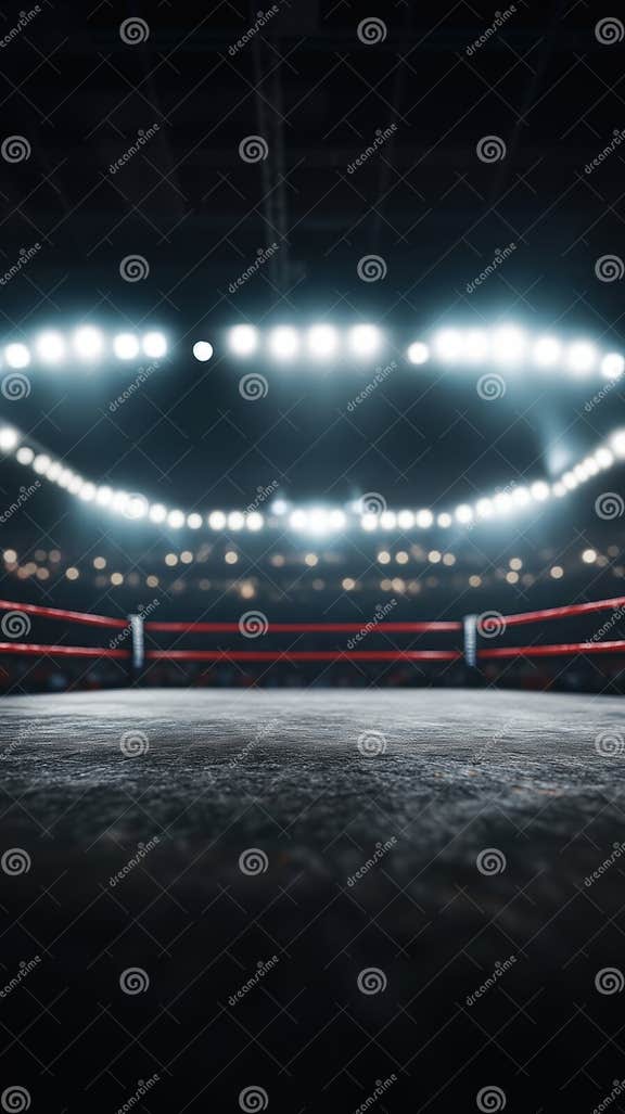 Empty Boxing Ring Bathed in Bright Lights, with Blurred Stadium Crowd ...