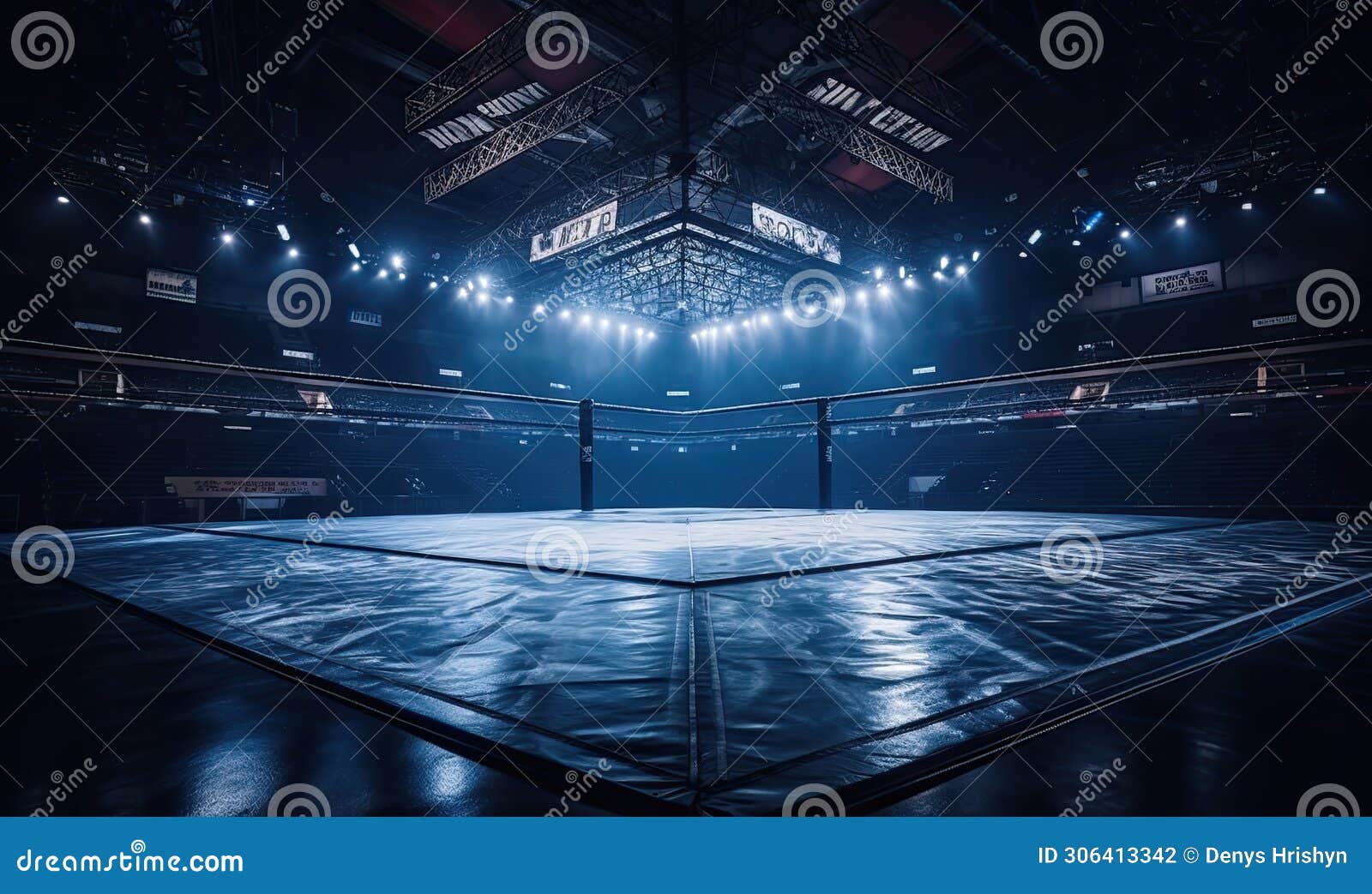 An Empty Boxing Ring in a Dark Arena Stock Illustration - Illustration ...