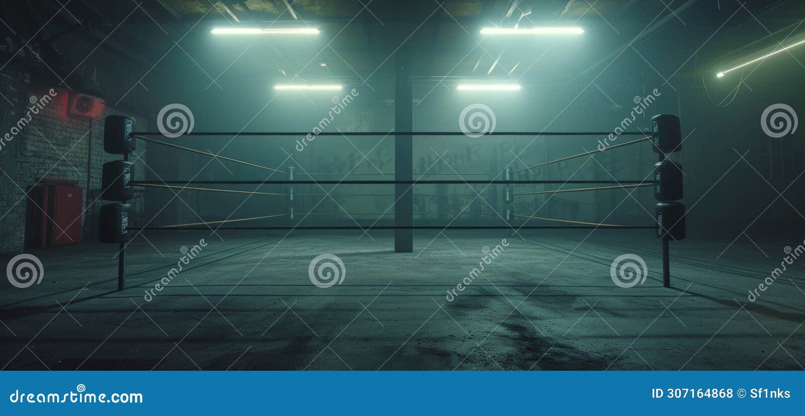 Empty Boxing Ring Dramatically Lit by Overhead Neon Lights in a Dark ...