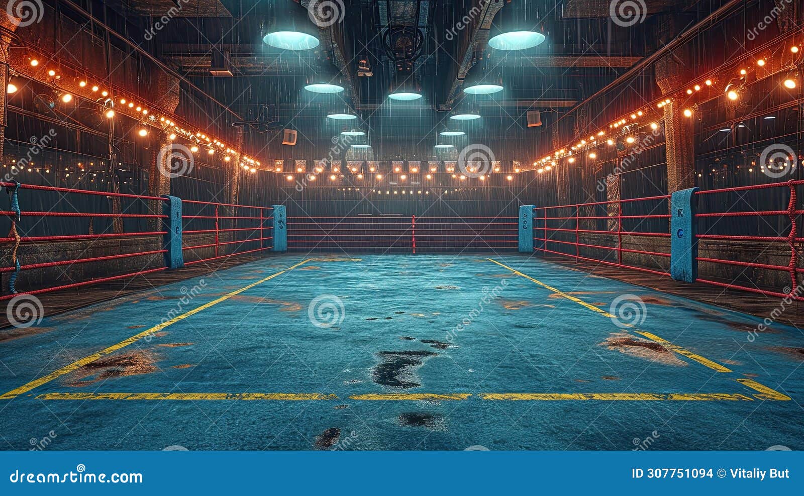 Empty Boxing Ring with Hanging Lights. Generative AI. Stock Photo ...