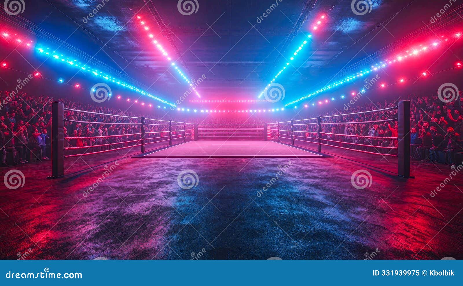 An Empty Boxing Ring Illuminated by Colorful Lights, with a Packed ...