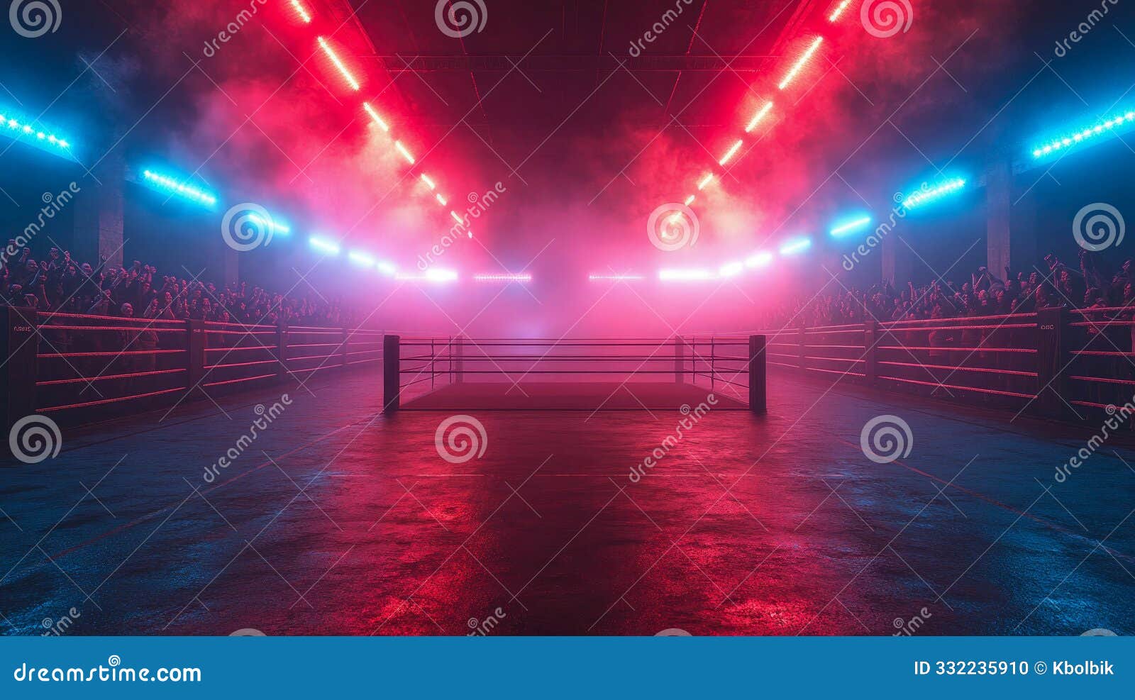 An Empty Boxing Ring Illuminated by Colorful Lights, with a Packed ...