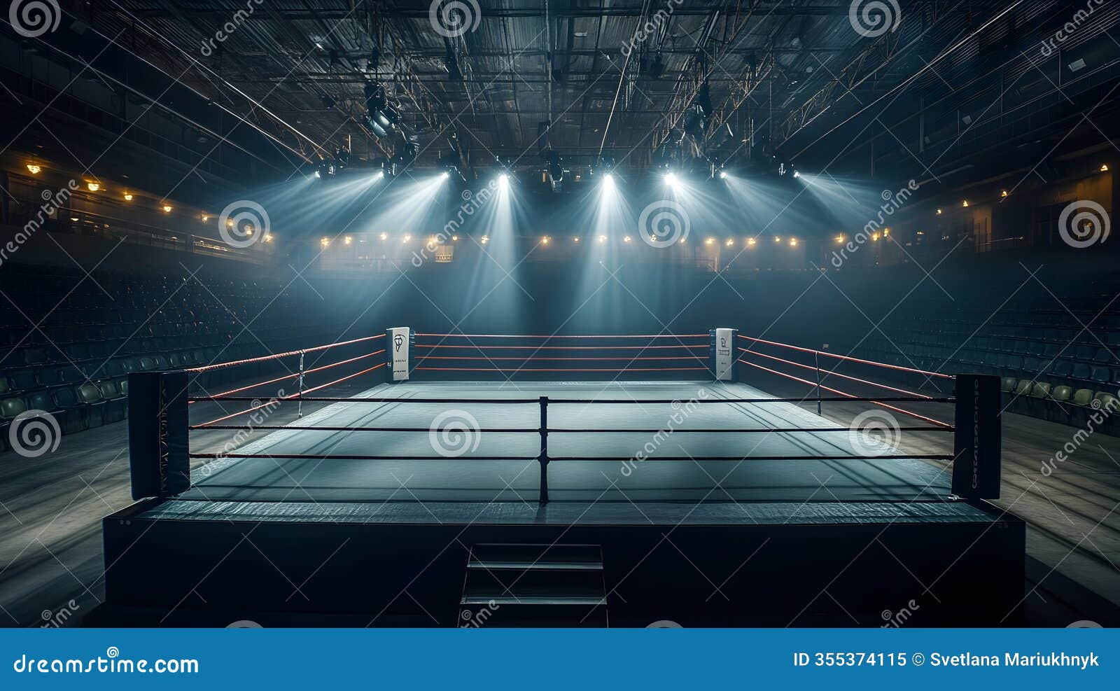 Empty Boxing Ring Illuminated by Overhead Lights in a Large Arena, Set ...