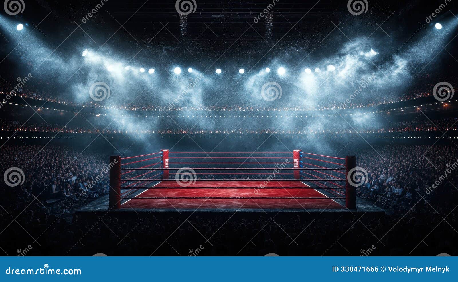 Empty Boxing Ring in Spotlights, with Smoke with Blurred Crowd Cheering ...