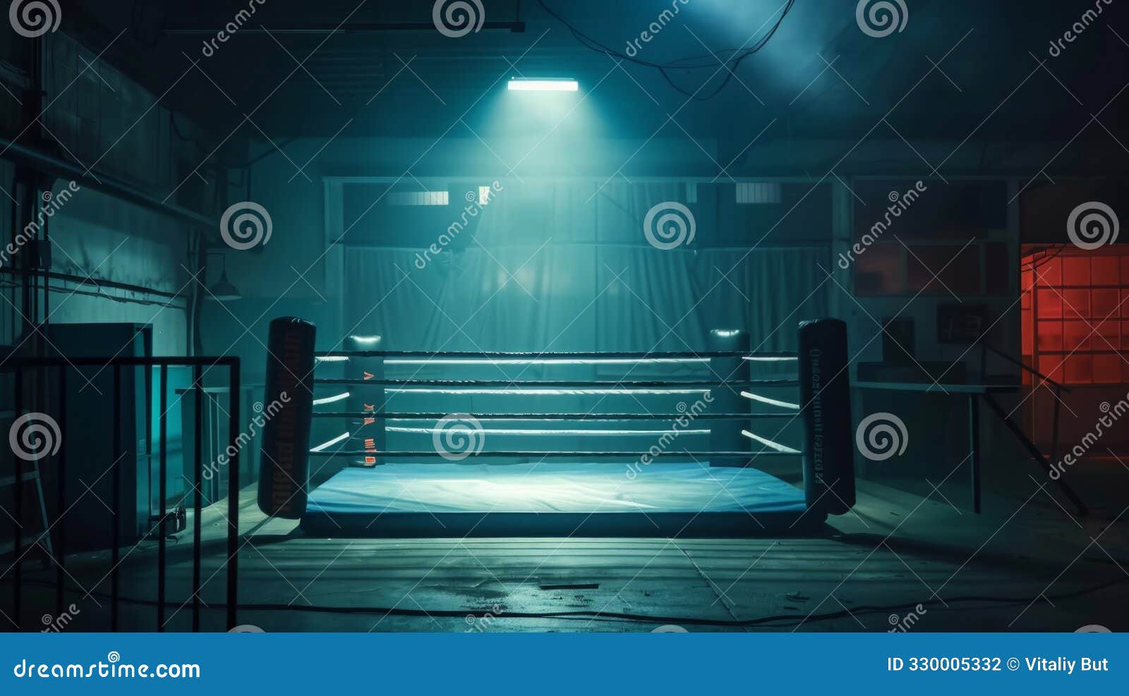 Empty Boxing Ring Stands Ready in a Dimly Lit Warehouse, Bathed in Blue ...