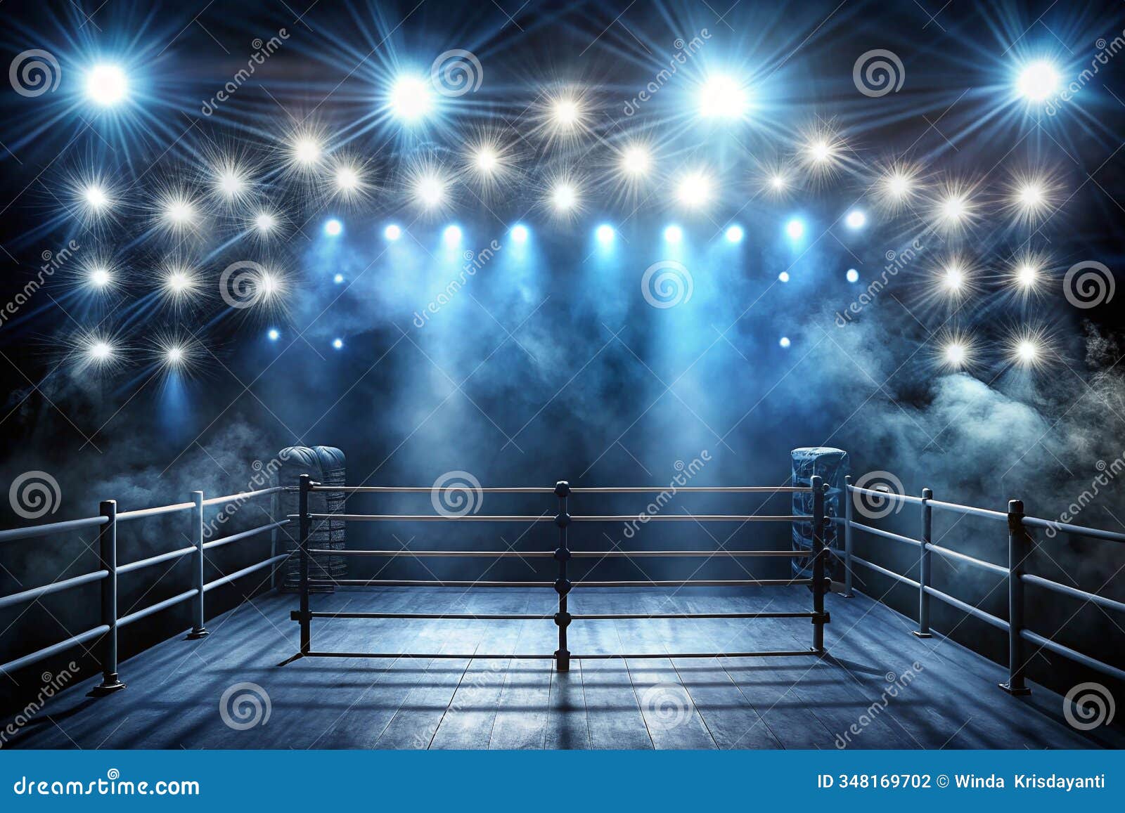 Empty Boxing Ring Under Bright Stage Lights with Smoke Stock ...