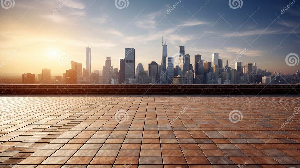Empty Brick Floor with Cityscape and Skyline Background. Generative Ai ...