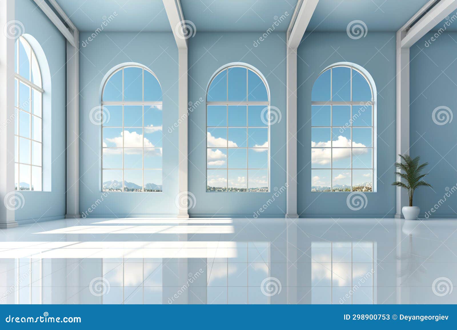 An Empty Bright Large Blue Room with Big Windows. Clean Interior ...