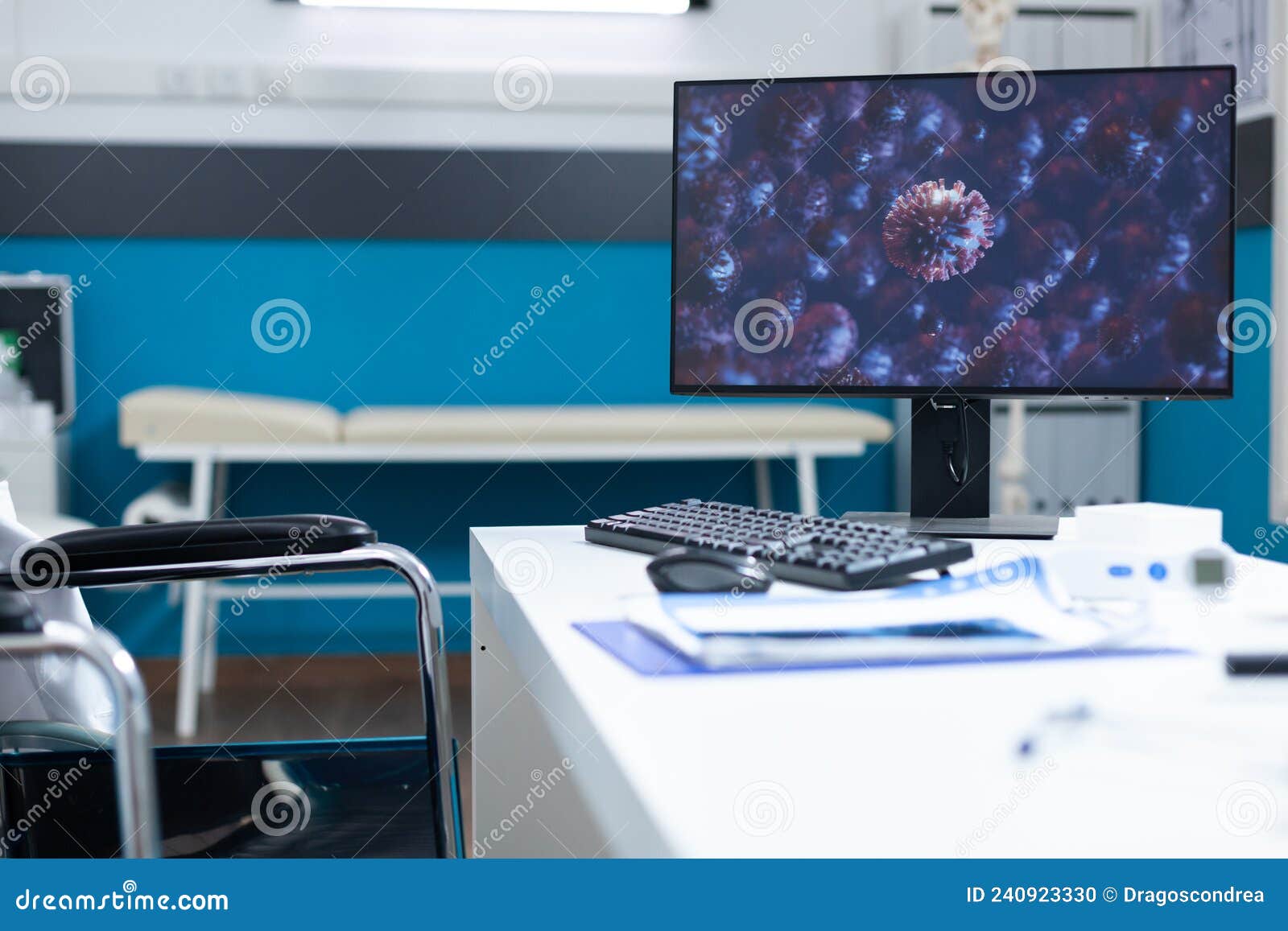 Empty Bright Medical Office with Computer Standing on Desk Table Stock ...