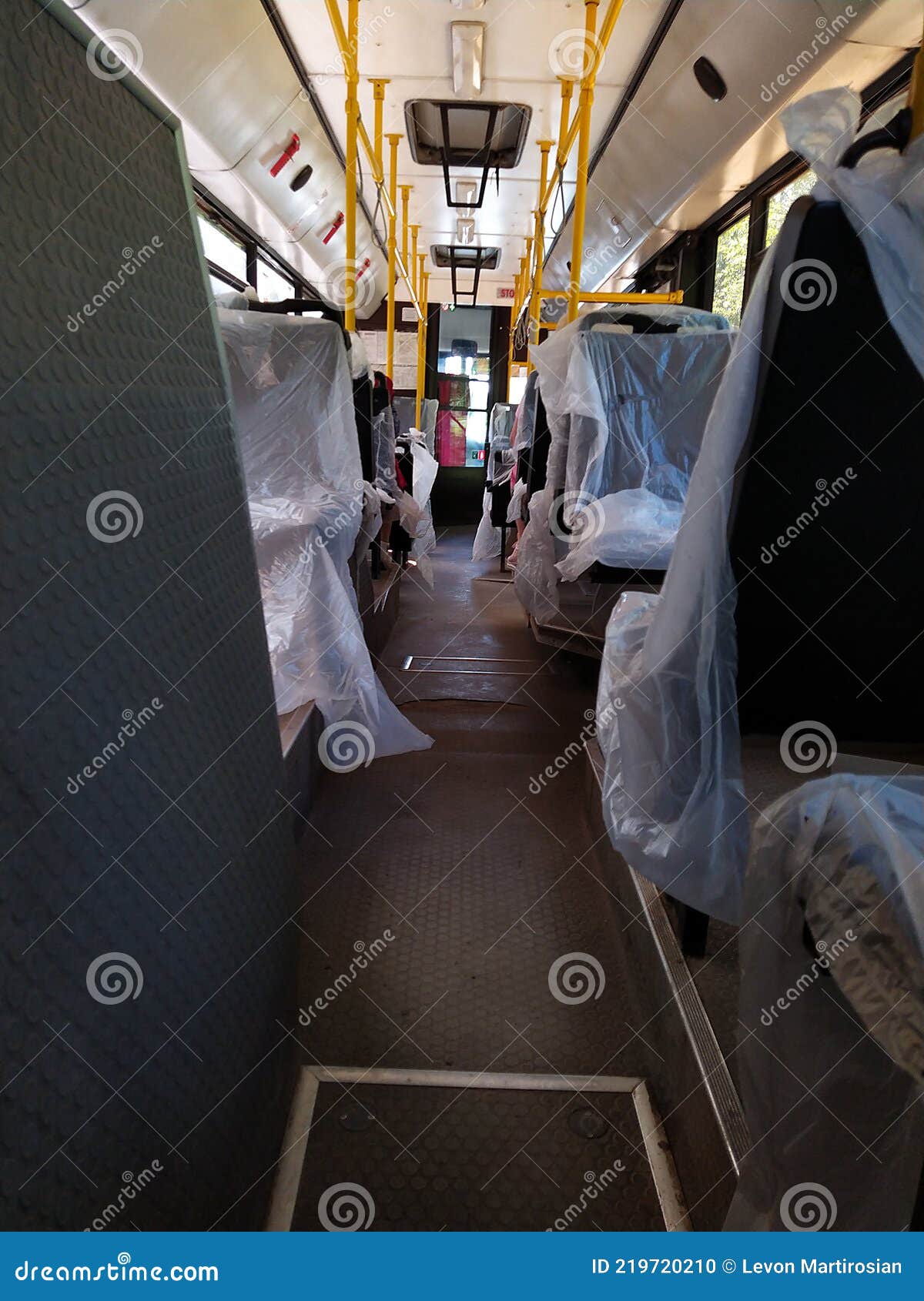 Empty Bus during Pandemic Inside View with Plastic Bags on Seats Stock ...