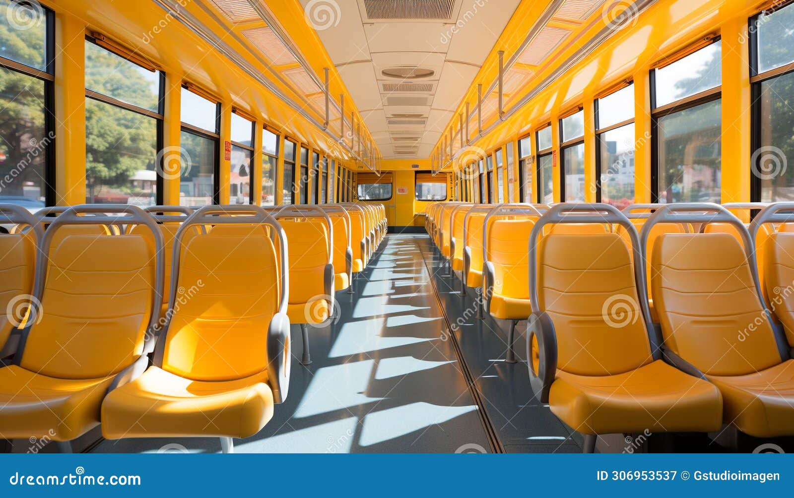 Empty Bus Seats in a Modern Vanishing Point Perspective Generated by AI ...