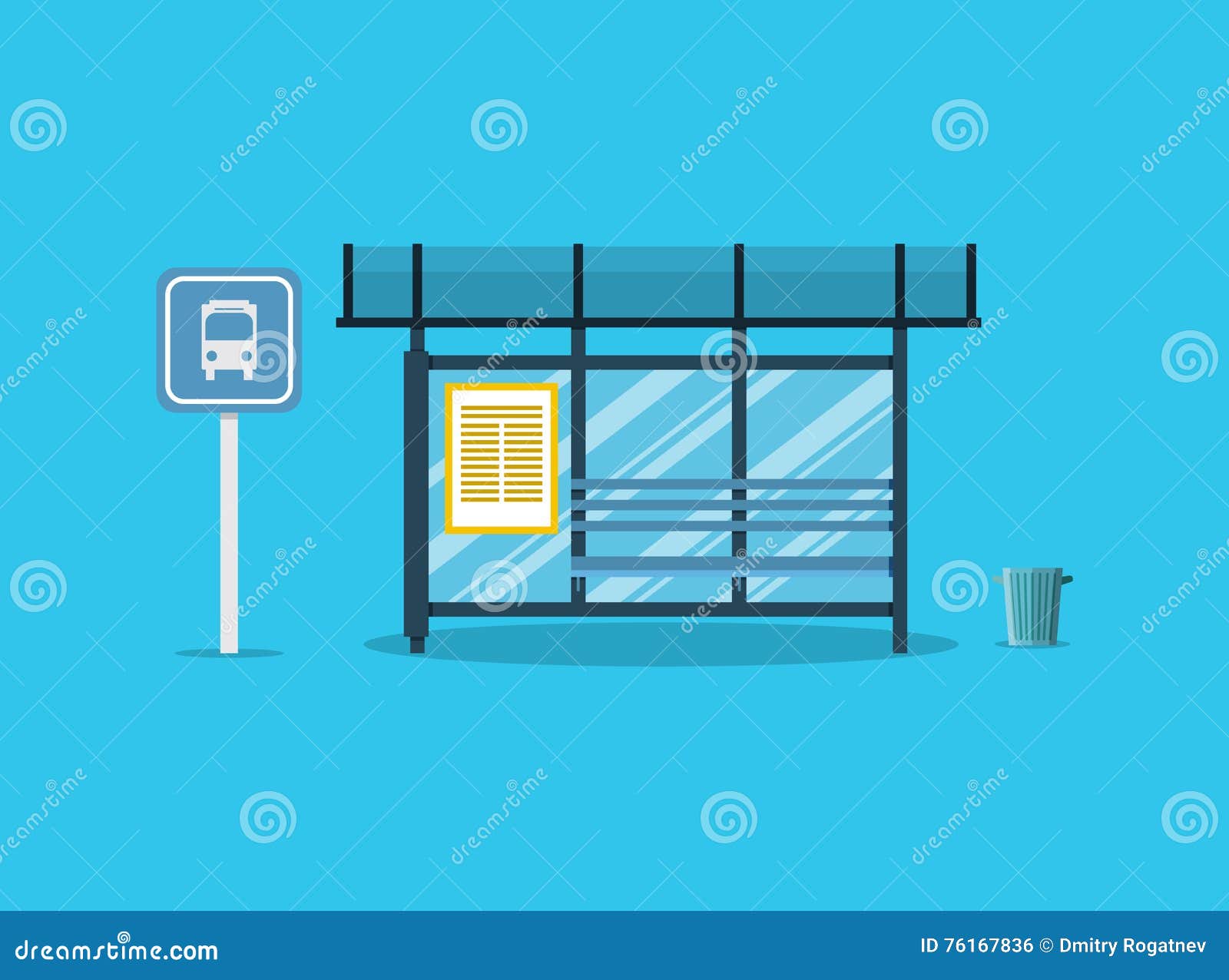 Empty Bus Stop with Bench and Trash Stock Vector - Illustration of ...
