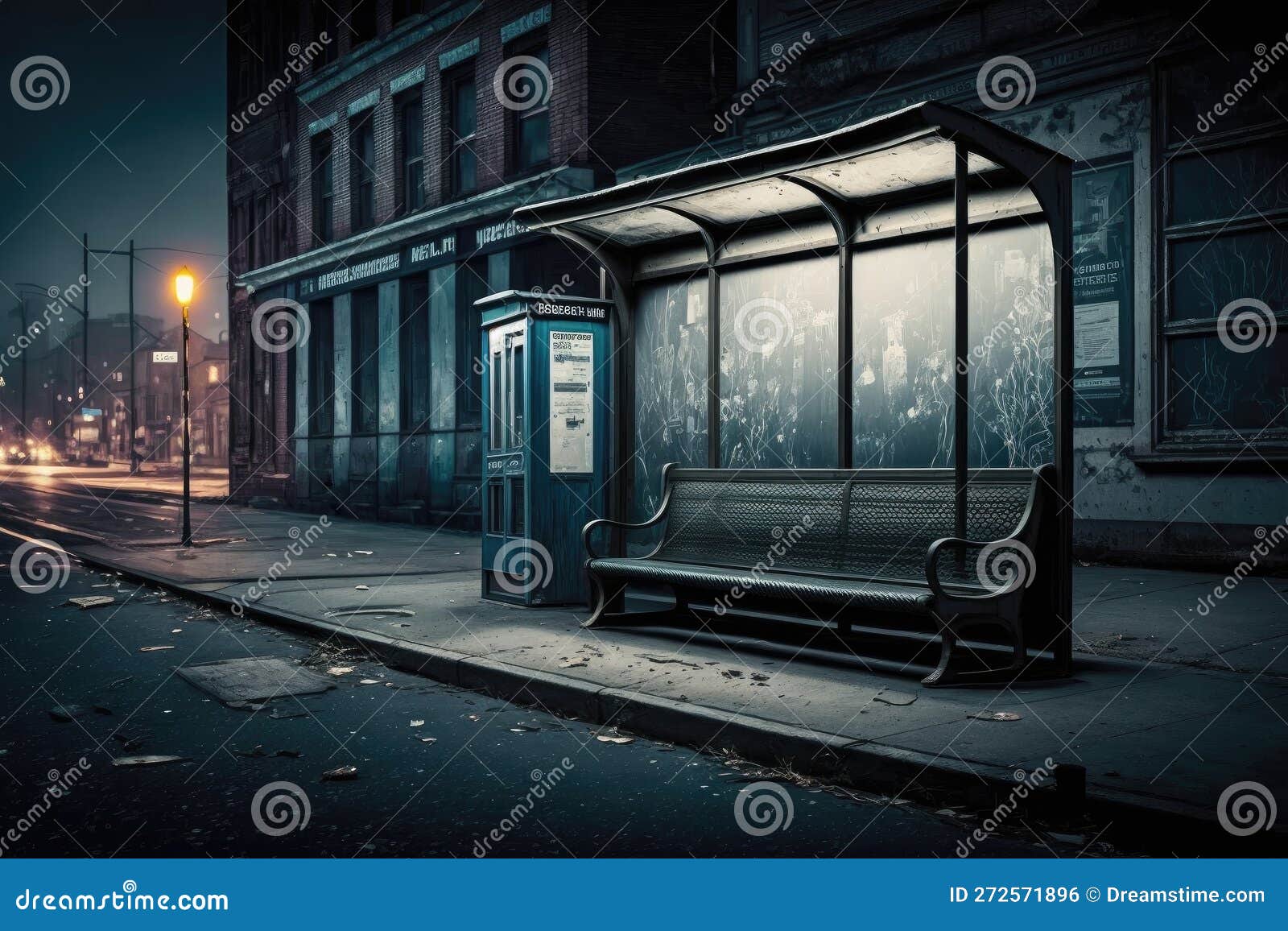 Empty Bus Stop with Broken Bench and Graffiti, Surrounded by Dark and ...
