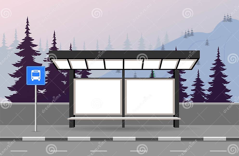 Empty Bus Stop in the Evening Against the Backdrop of the Forest. Stock ...