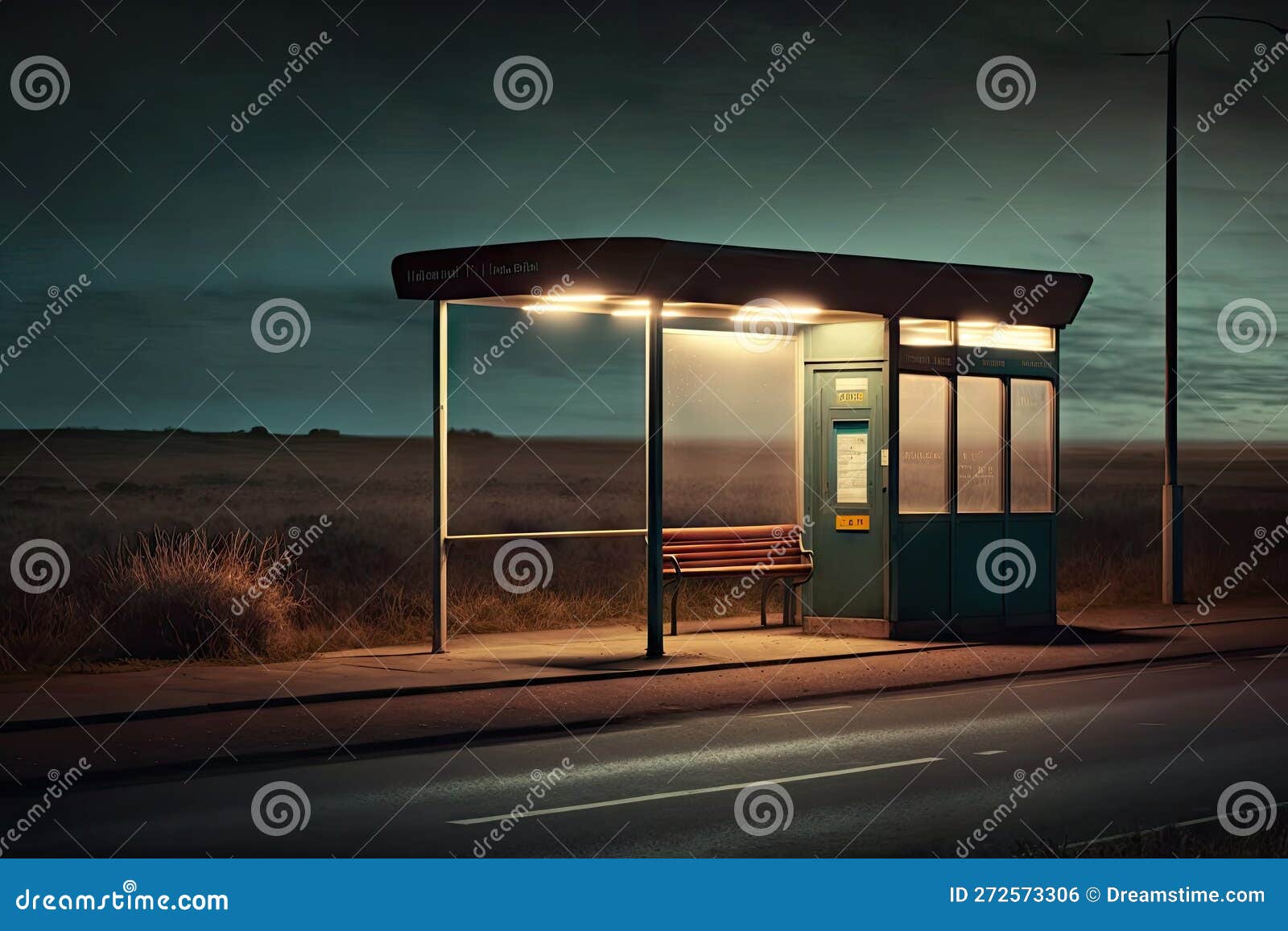 An Empty Bus Stop, with the Lights on and the Doors Open, at Night ...