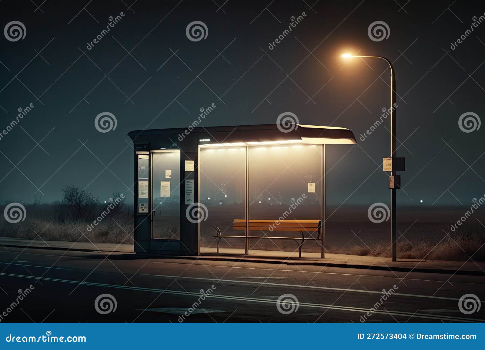 An Empty Bus Stop, with the Lights on and the Doors Open, at Night ...