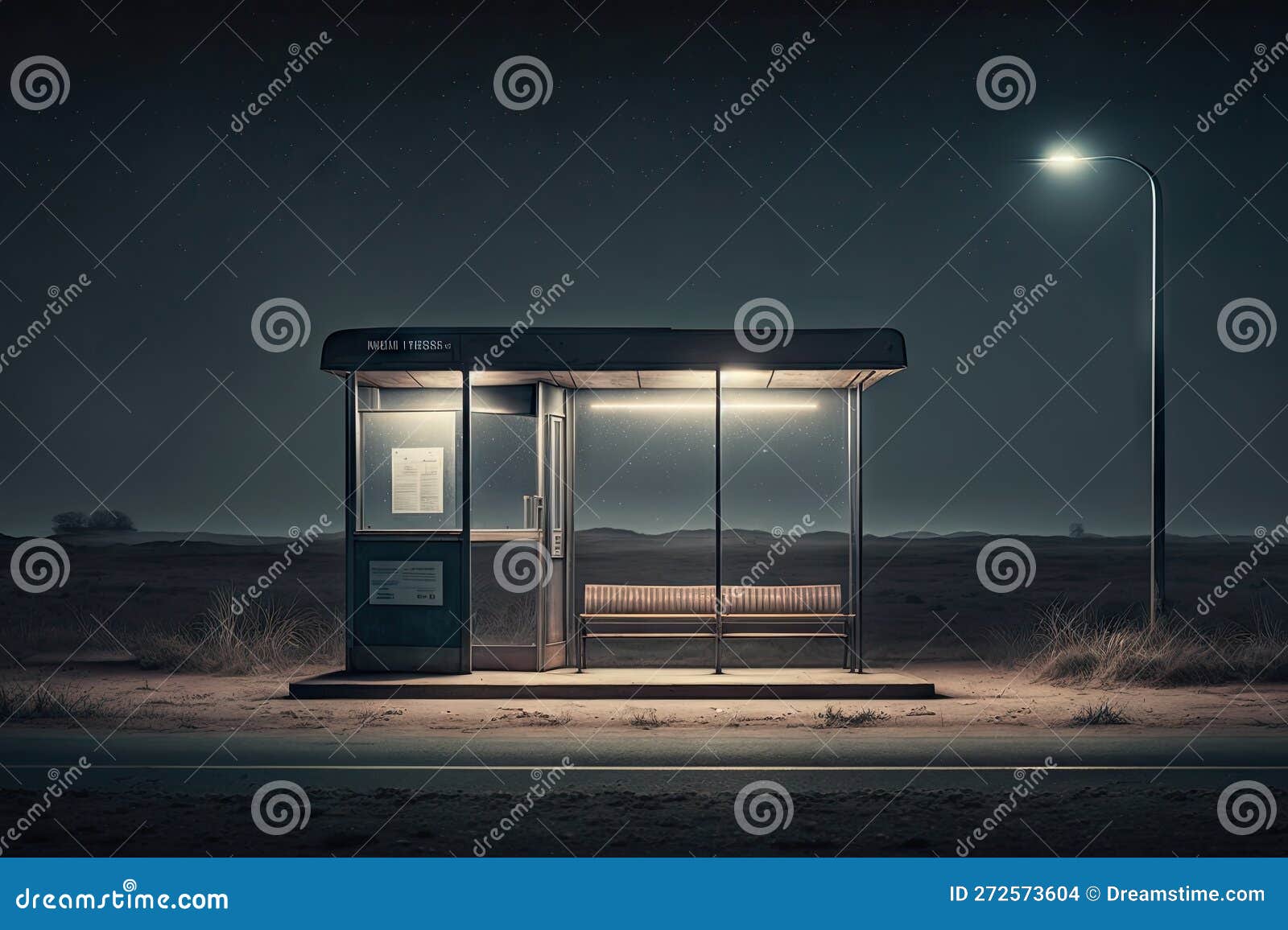 An Empty Bus Stop, with the Lights on and the Doors Open, at Night ...