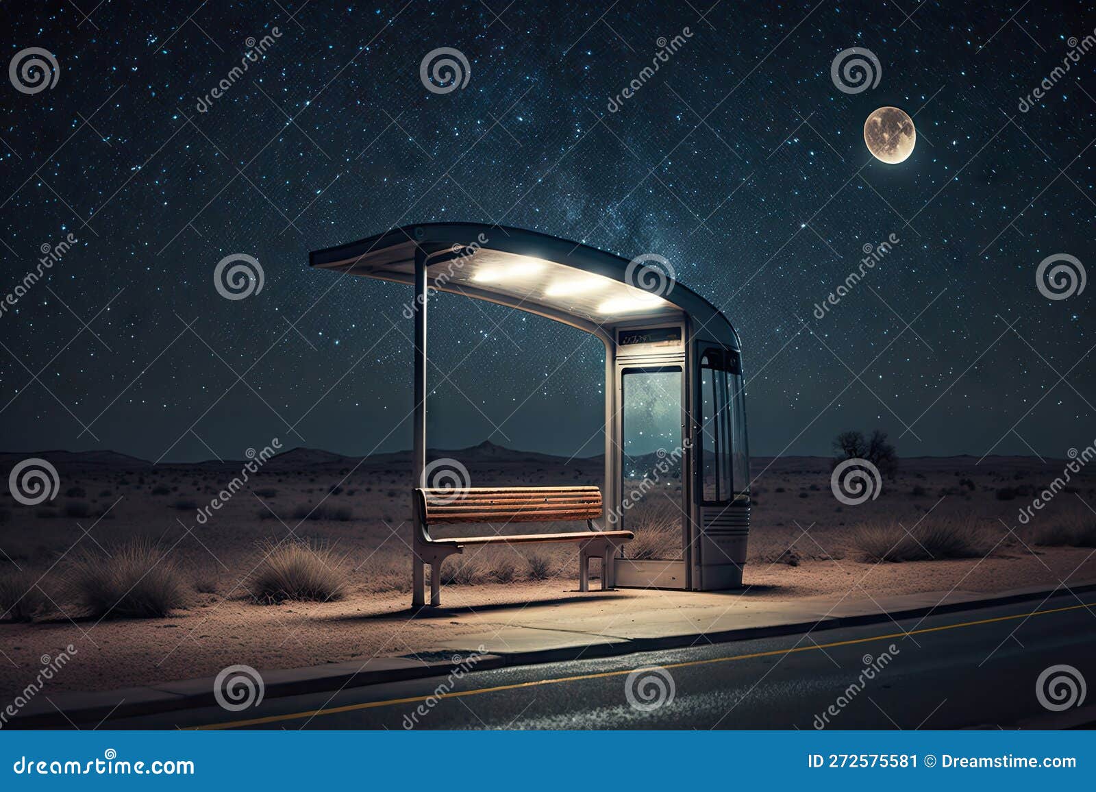 Empty Bus Stop with the Moon and Stars Shining in the Night Sky Stock ...