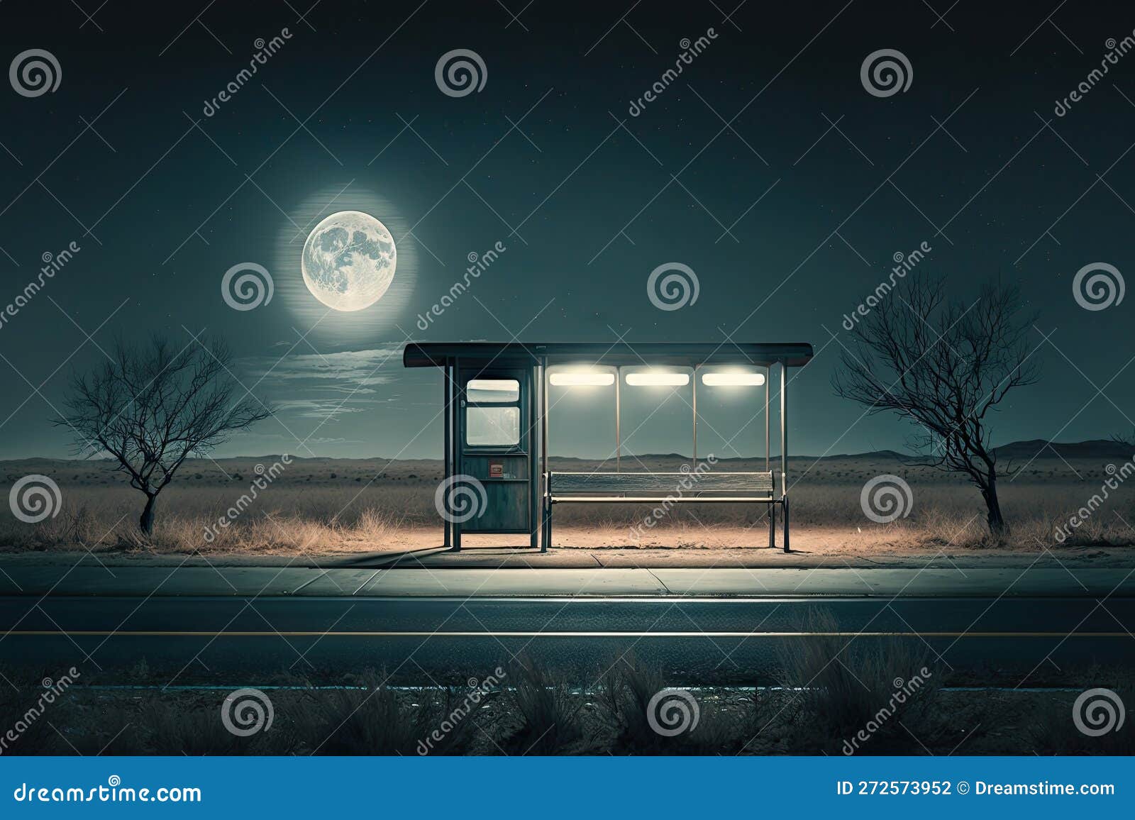 Empty Bus Stop at Night, with Flickering Streetlights and a Full Moon ...