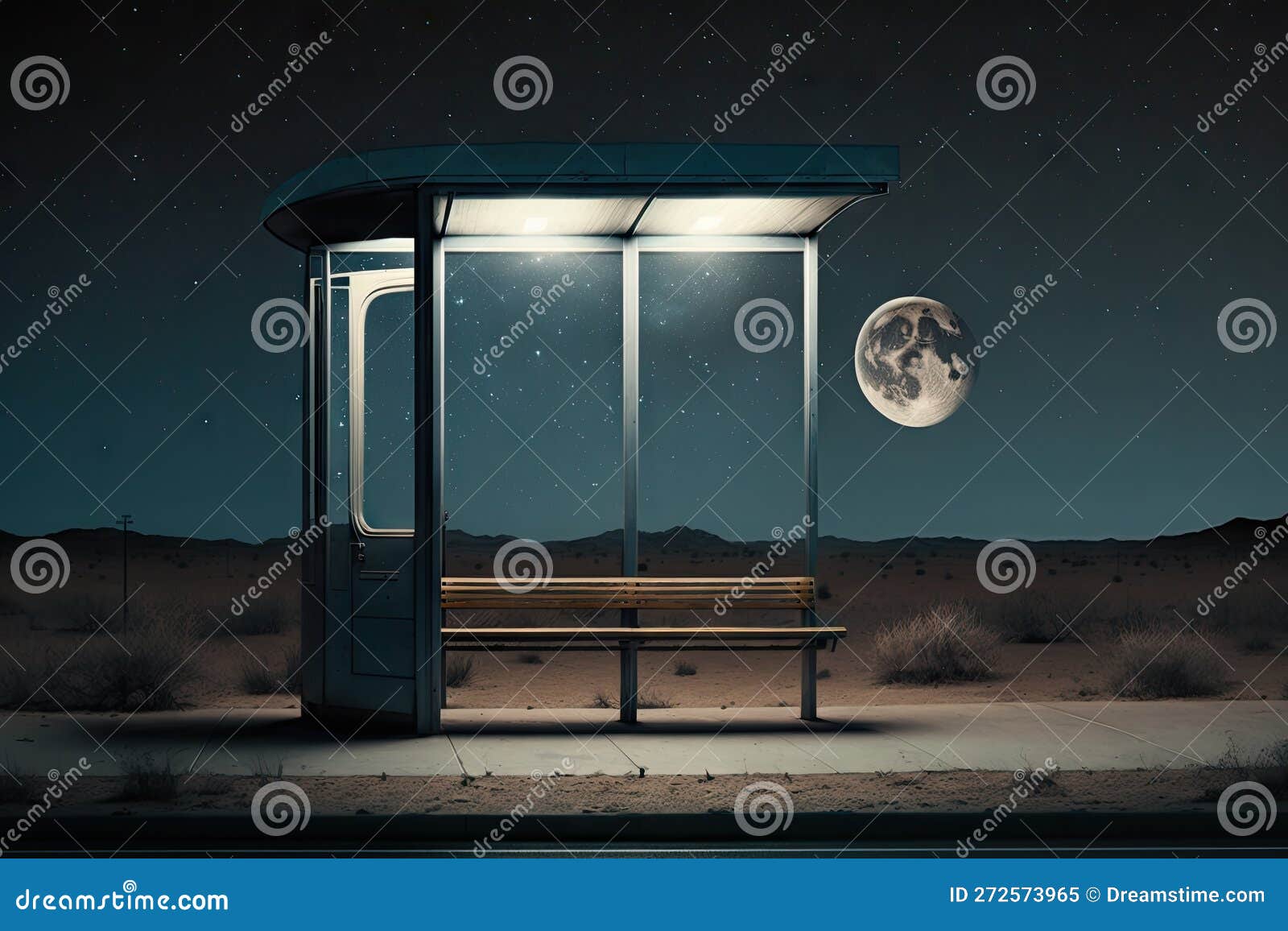 Empty Bus Stop at Night, with Flickering Streetlights and a Full Moon ...