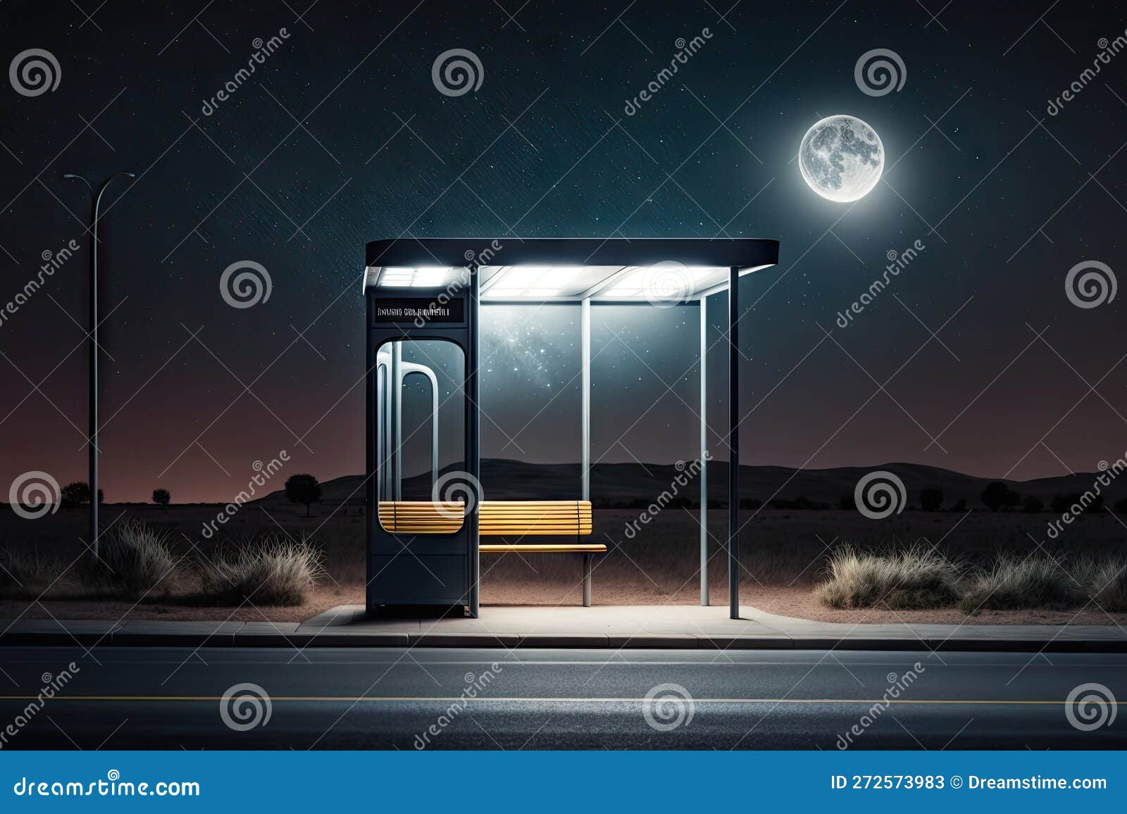 Empty Bus Stop at Night, with Flickering Streetlights and a Full Moon ...