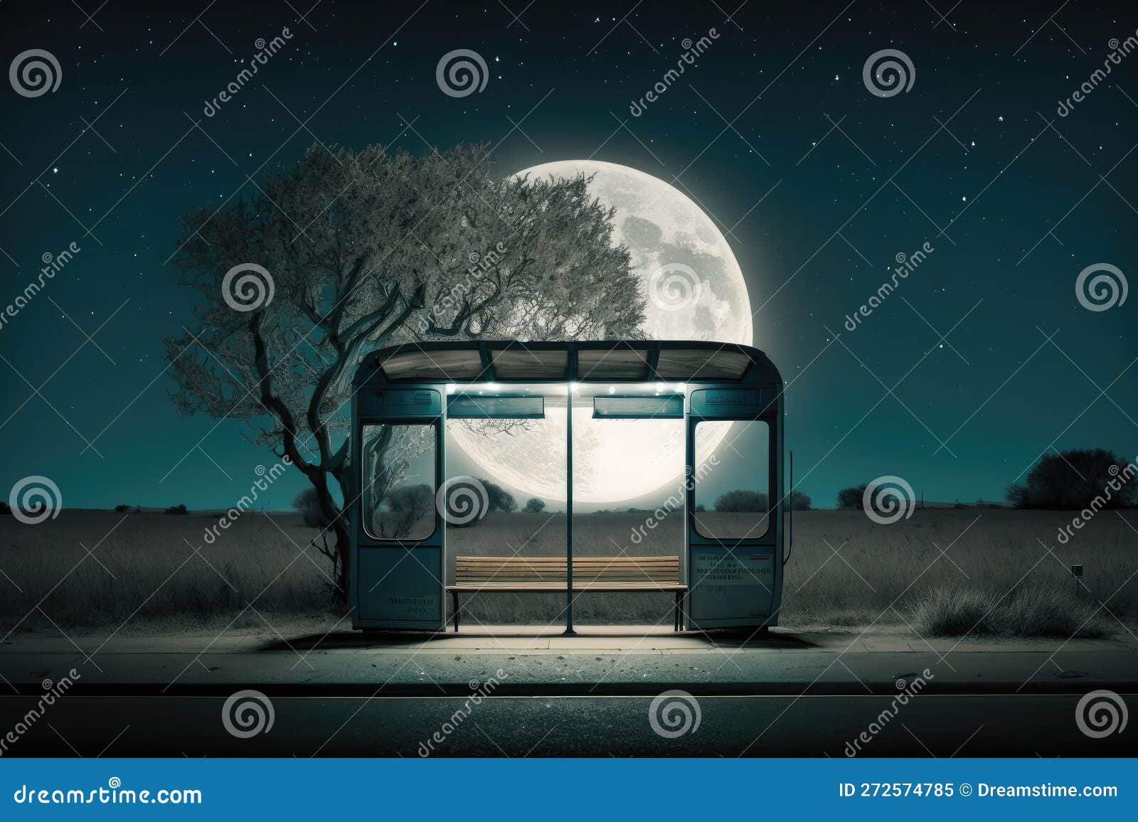 Empty Bus Stop at Night, with the Moon and Stars Shining Above ...