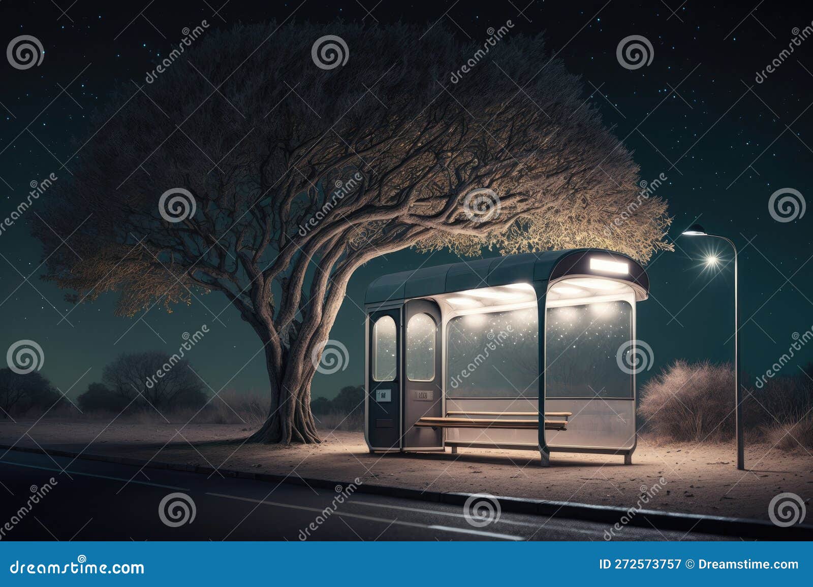 Empty Bus Stop at Night with Moonlight Shining through the Trees and ...