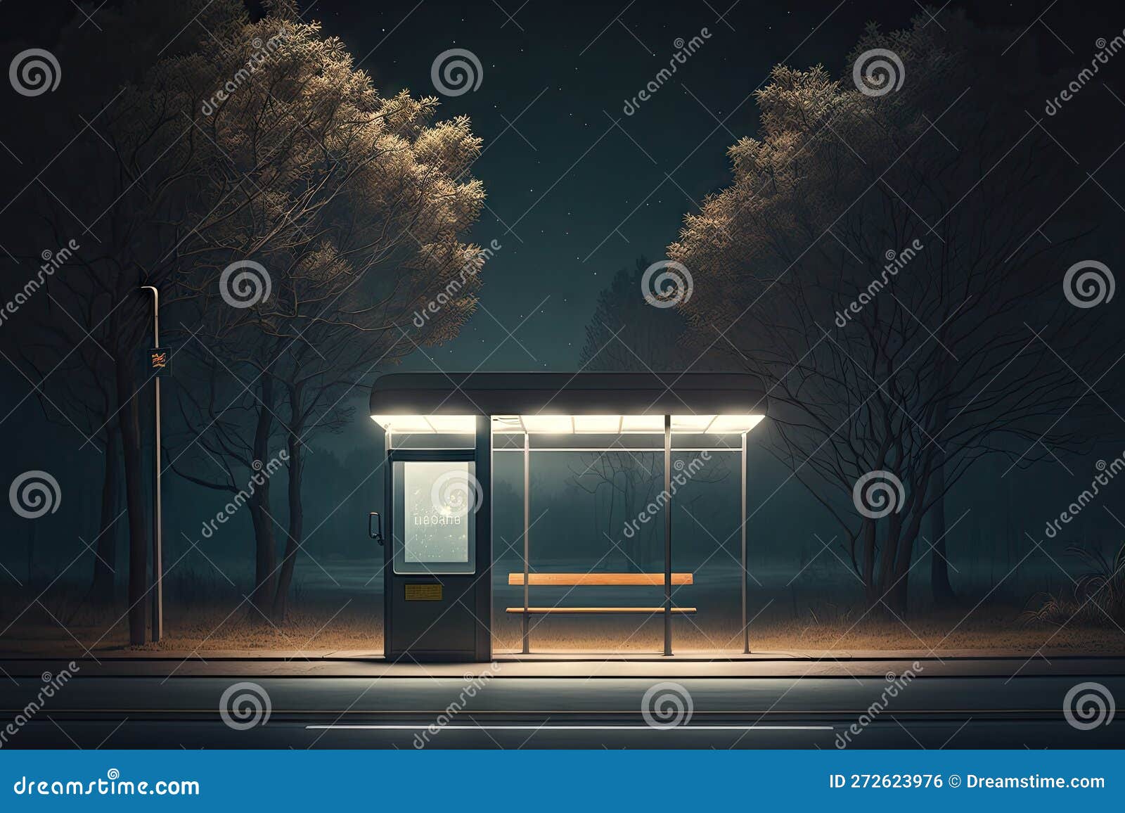 Empty Bus Stop at Night with Moonlight Shining through the Trees and ...
